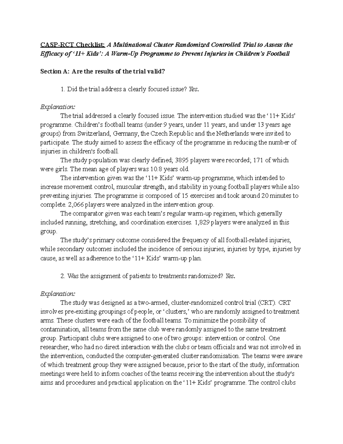 Critical Appraisal - CASP-RCT Checklist: A Multinational Cluster ...