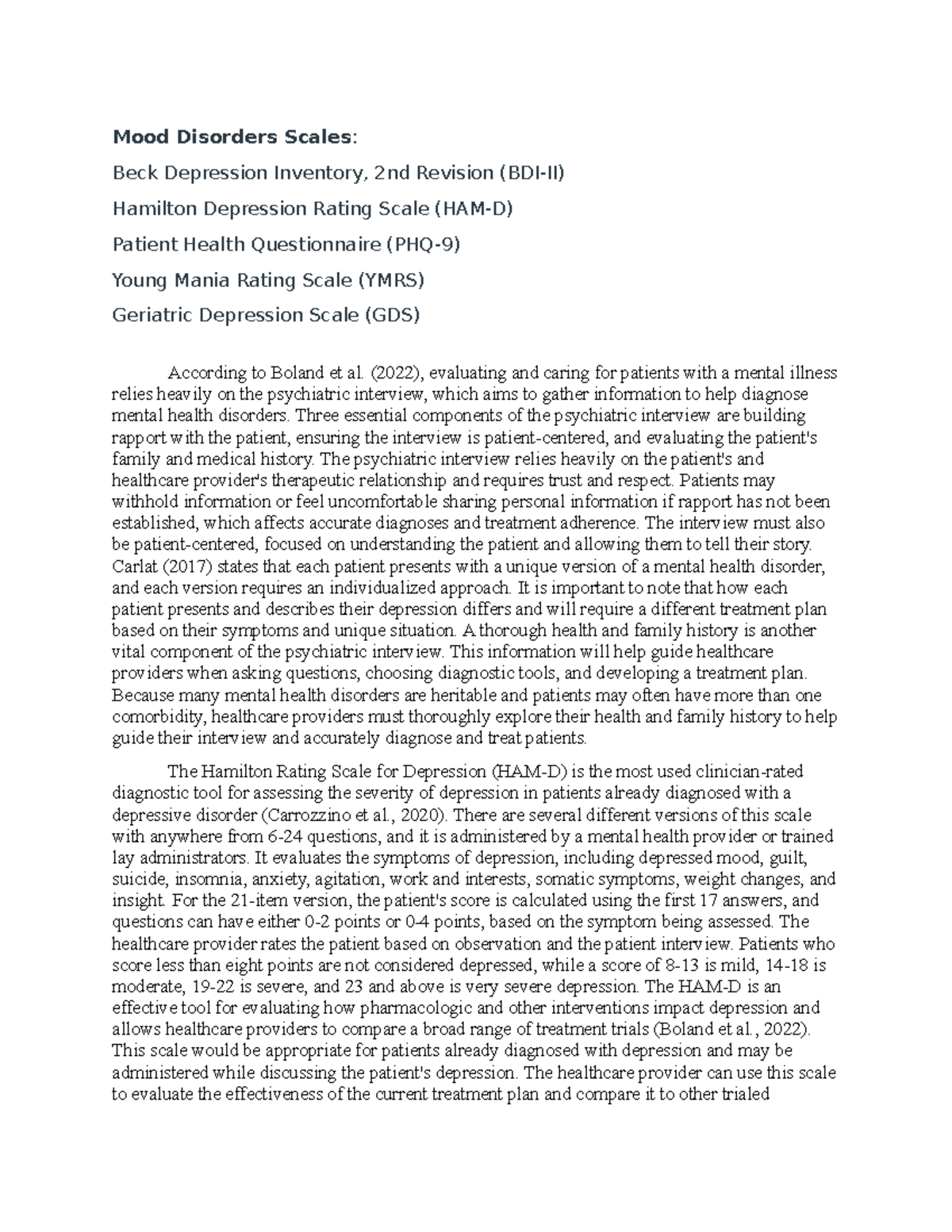 Discussion 2 - Week 2 Assignment - Mood Disorders Scales: Beck ...