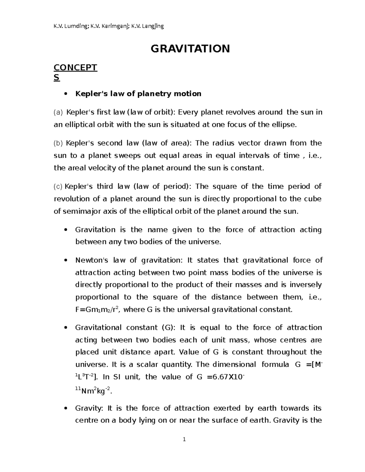 11 physics notes 06 gravitation - CONCEPT S GRAVITATION Kepler's law of ...