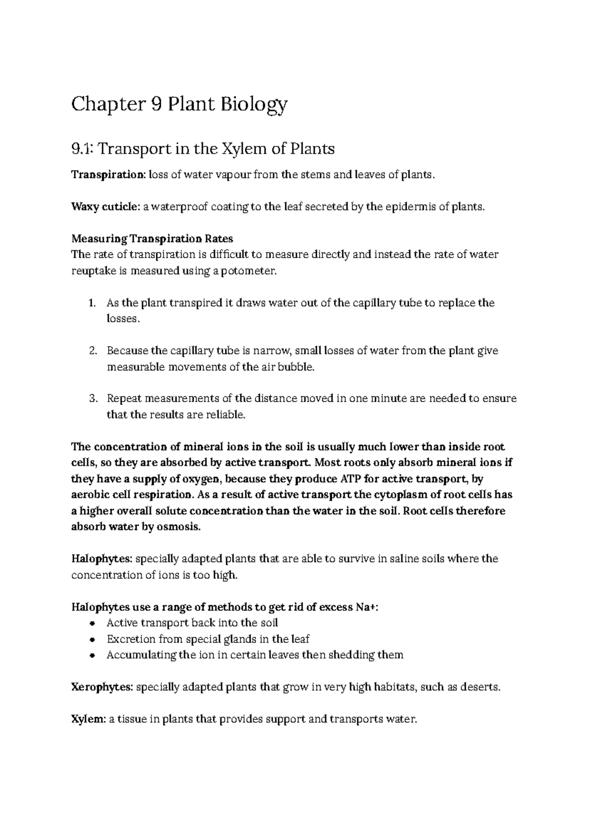 IB Biology HL Chapter 9 Plant Biology - Chapter 9 Plant Biology 9 ...