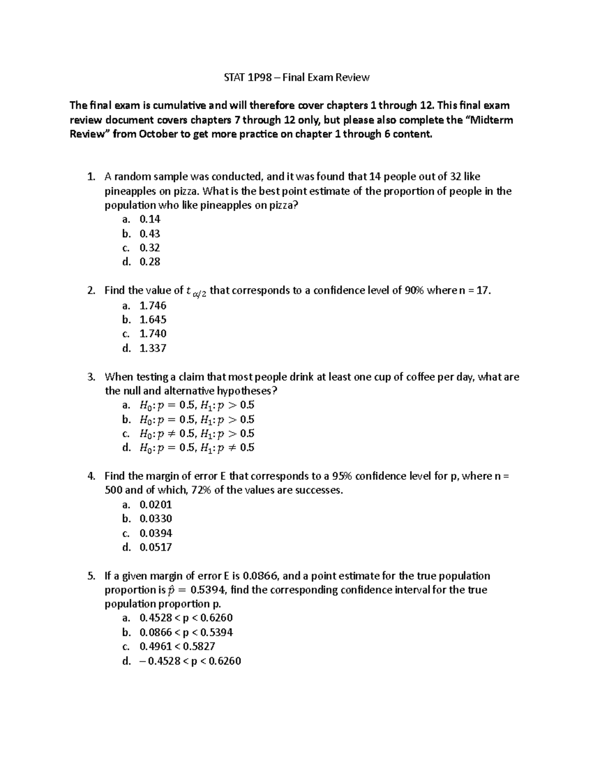 Stats final exam review - STAT 1P98 – Final Exam Review The final exam ...