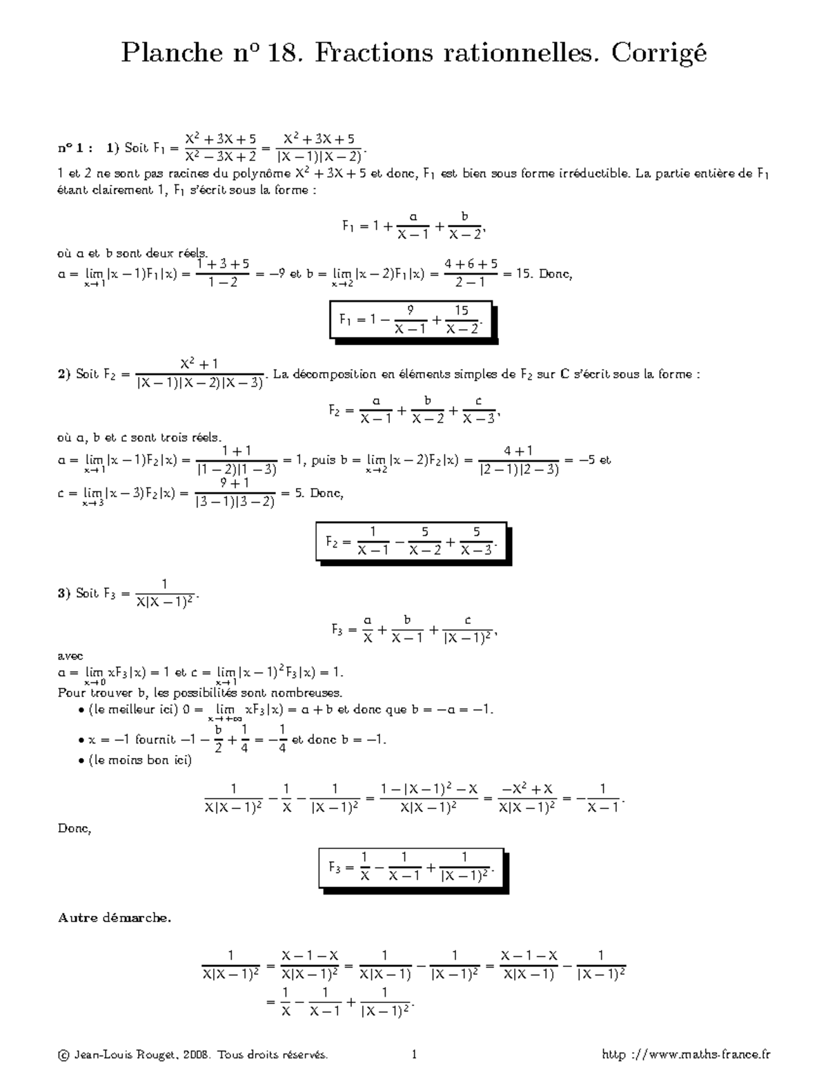 18 Fractions Rationnelles Corrige - Planche n o 18. Fractions rationnelles. Corrigé no 1 : 1 ...