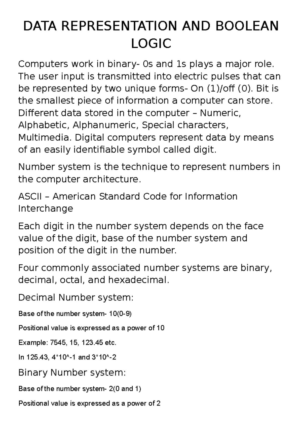 Data Representation And Boolean Logic Data Representation And Boolean Logic Computers Work In 