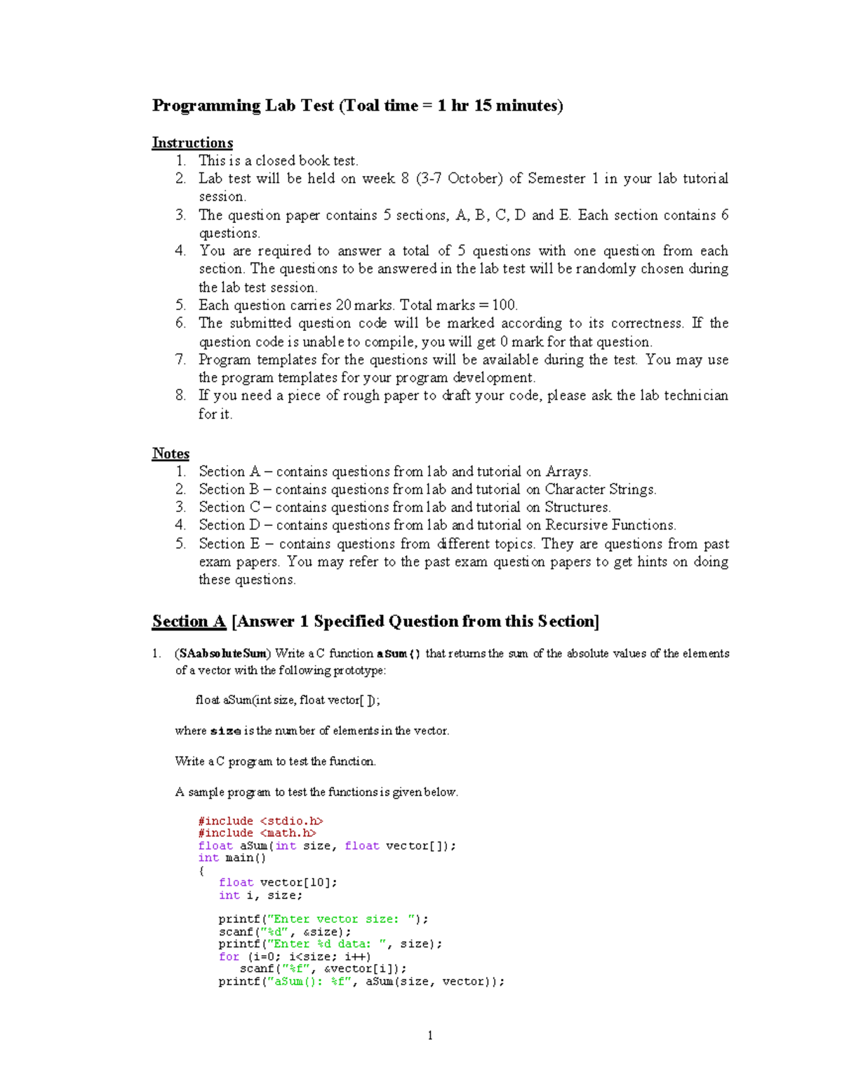 1. Lab Test Questions 2016-17 sem 1 090916 - Programming Lab Test (Toal ...