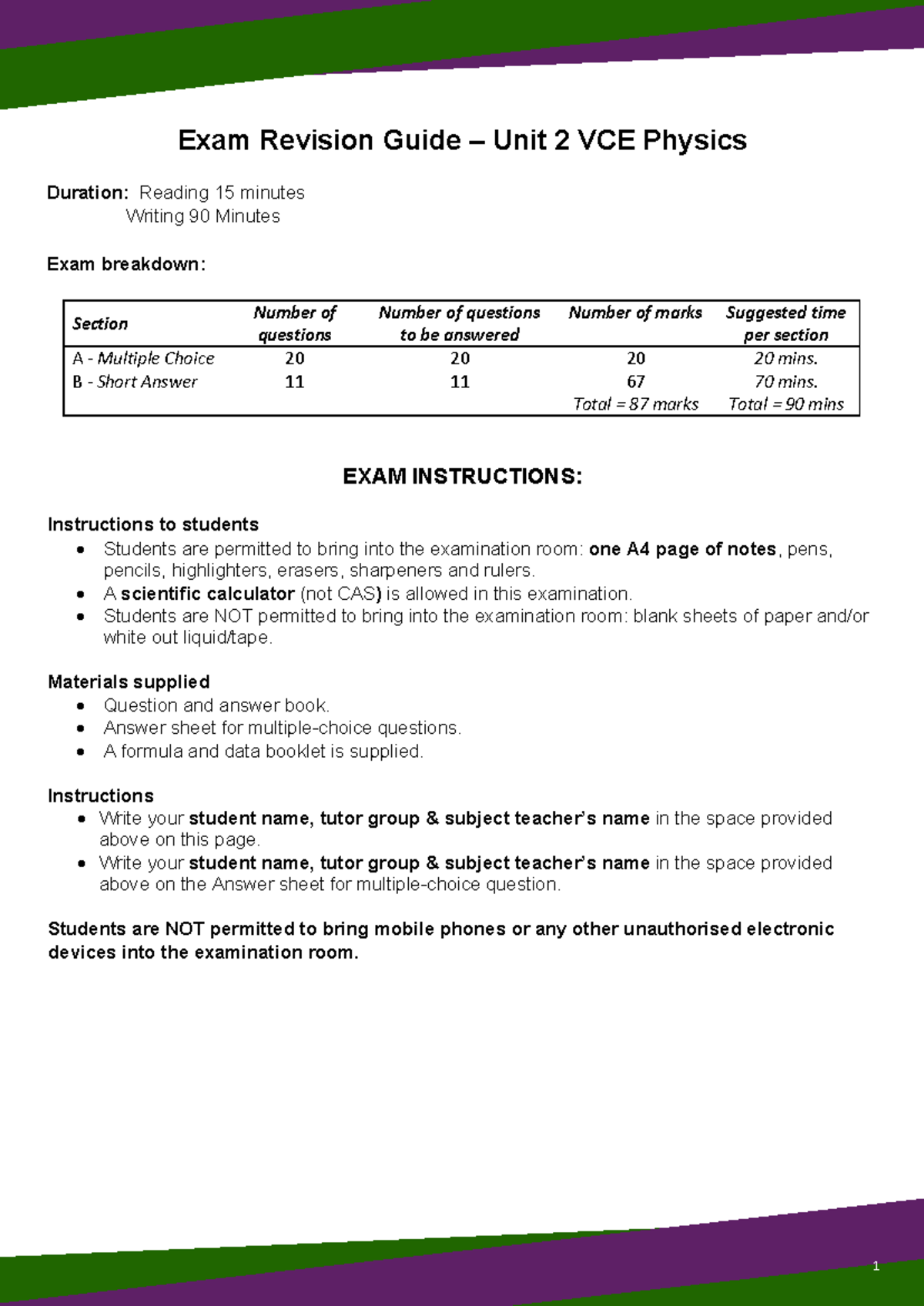 2024 Unit 2 Physics Semester Exam Revision - ####### 1 Exam Revision ...