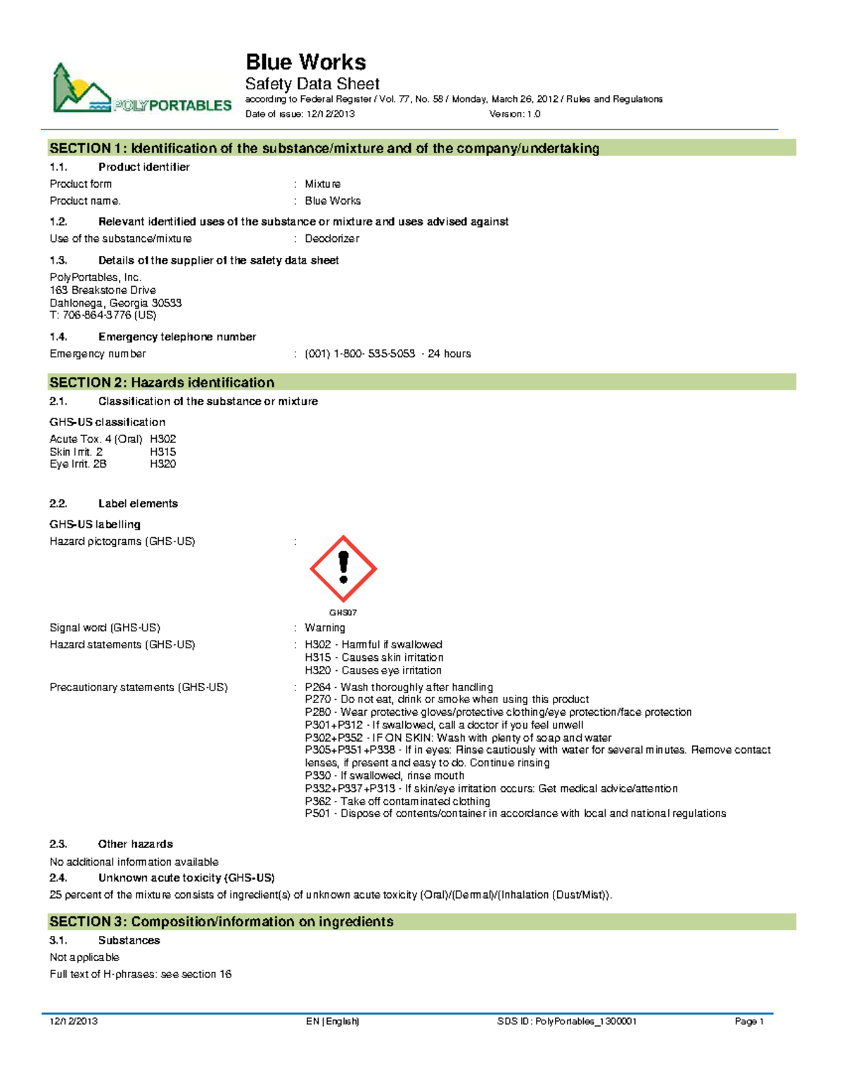 Blue Works US EN - Apuntes 1 - Safety Data Sheet according to Federal ...