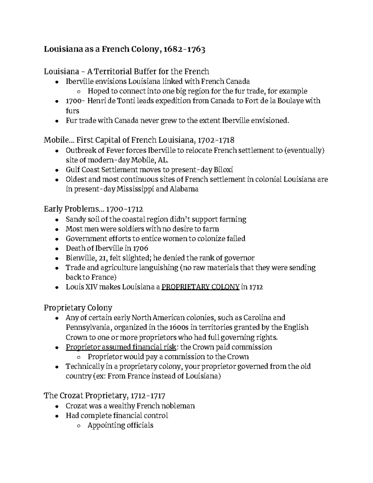 Week 4 Notes (HIST 3071) - Louisiana as a French Colony, 1682 ...