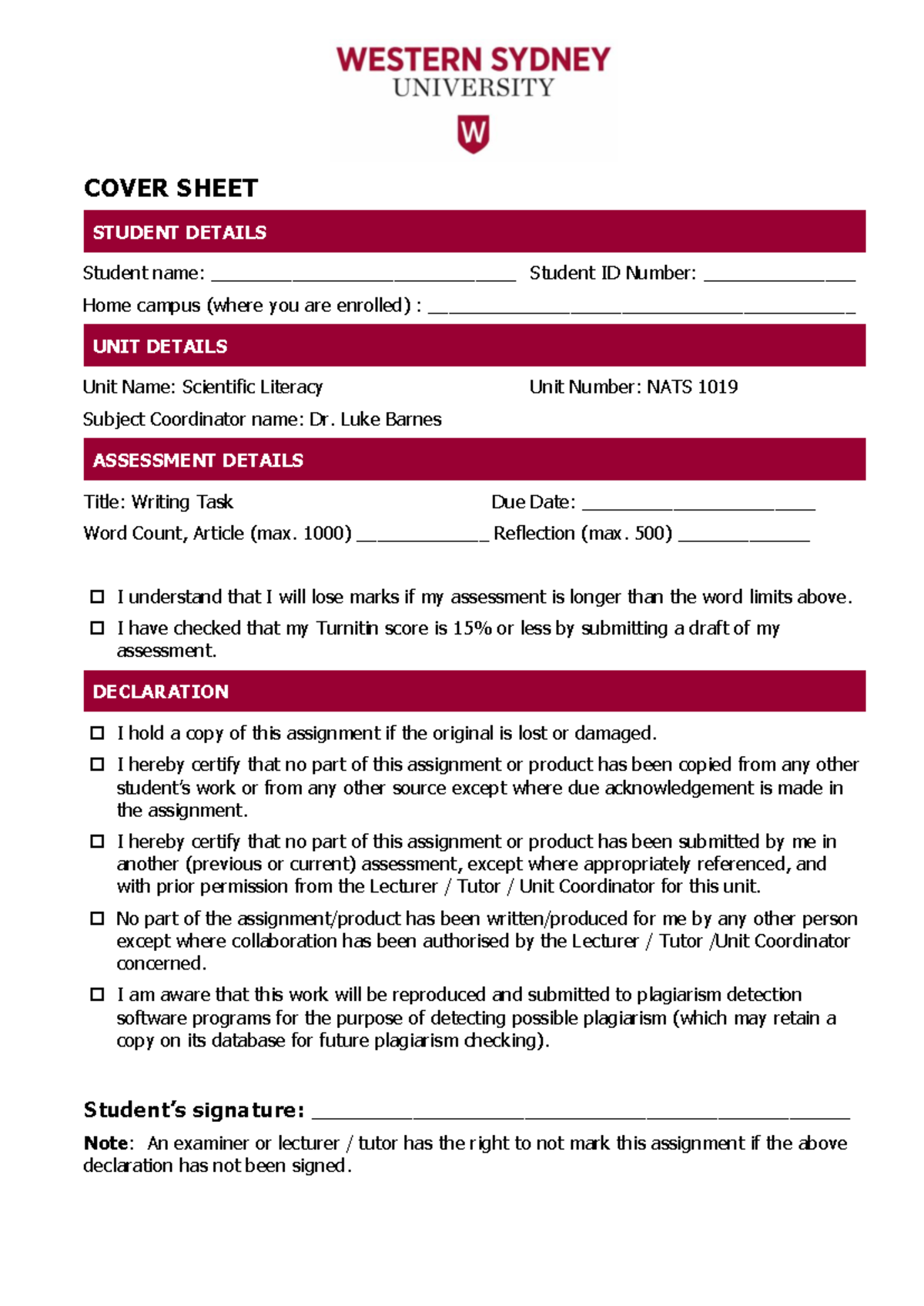 NATS1019 Writing Task cover sheet - COVER SHEET STUDENT DETAILS Student ...