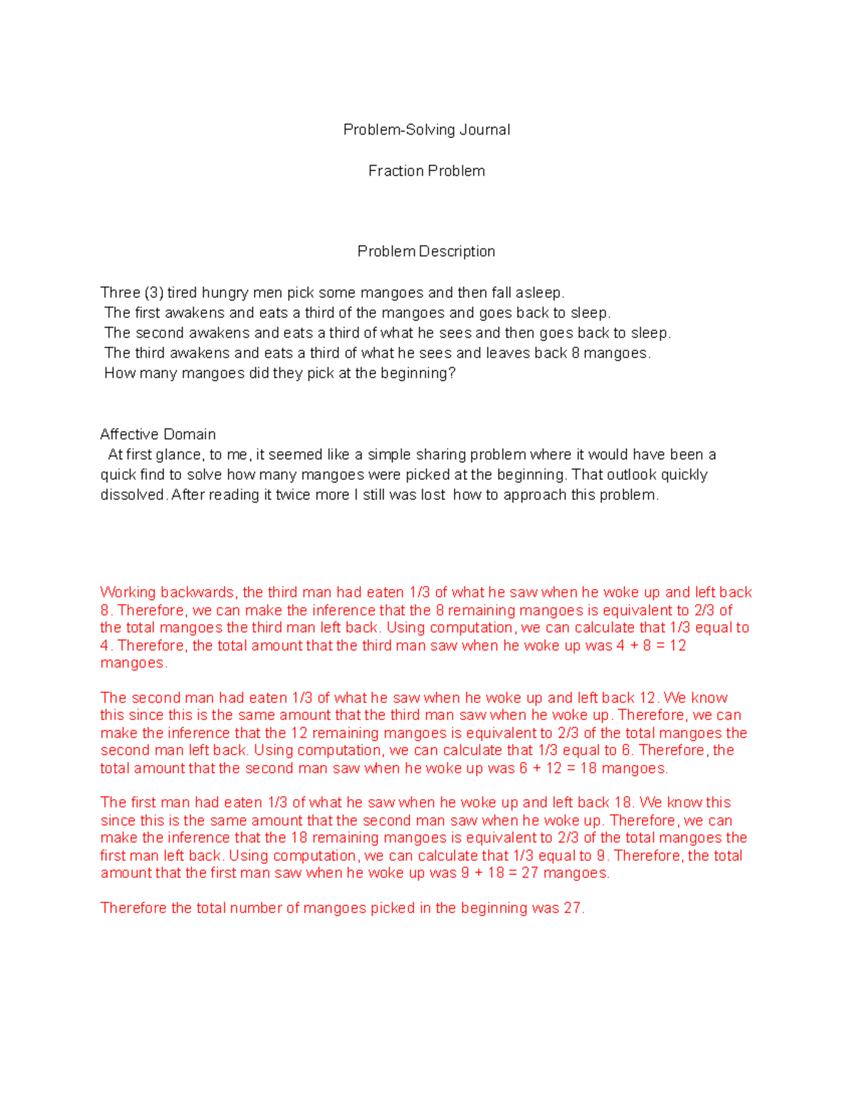 Maths Journal Assignment - Problem-Solving Journal Fraction Problem ...