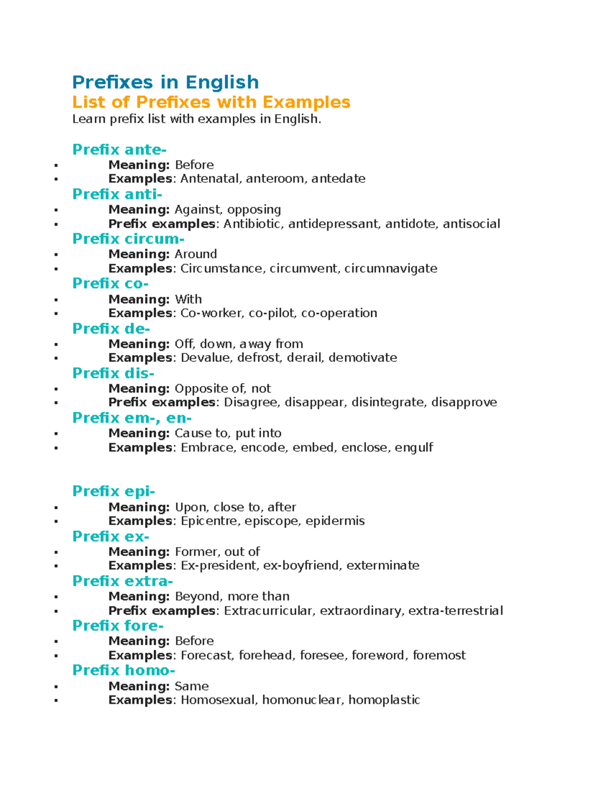 Prefixes in English - Prefixes in English List of Prefixes with ...