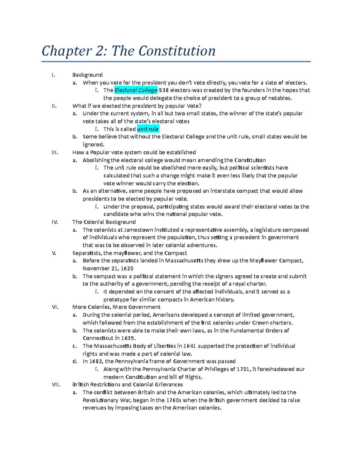 Chapter 2 - Lecture notes 1 - Chapter 2: The Constitution I. Background ...