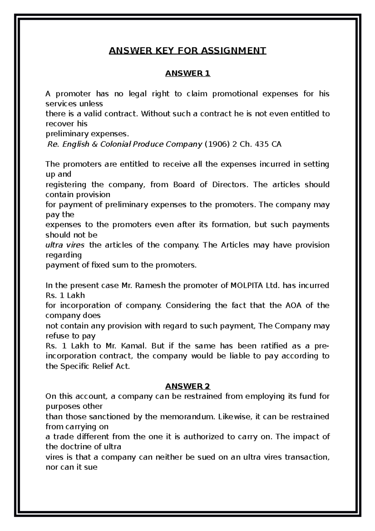 Answer KEY FOR Assignment - ANSWER KEY FOR ASSIGNMENT ANSWER 1 A ...