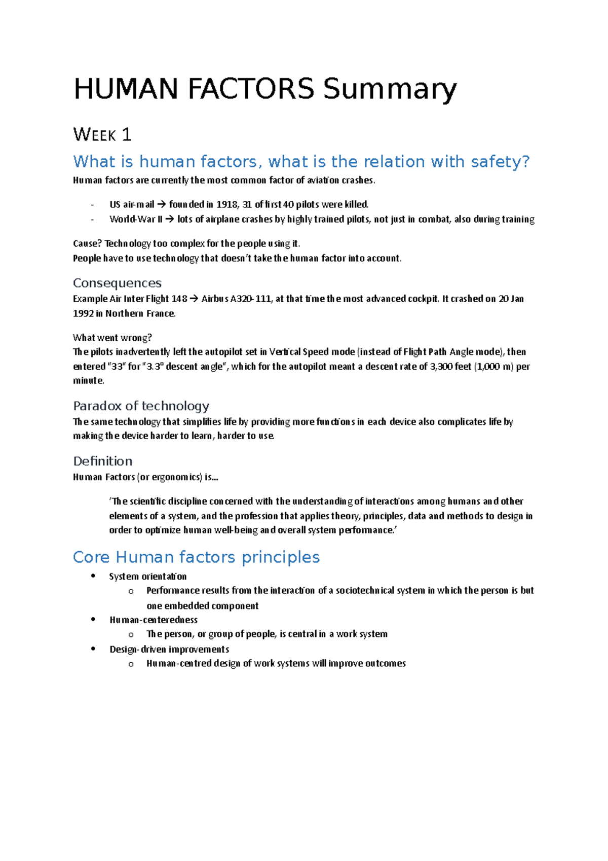 Human Factors summary, 1,2,3 - HUMAN FACTORS Summary WEEK 1 What is ...