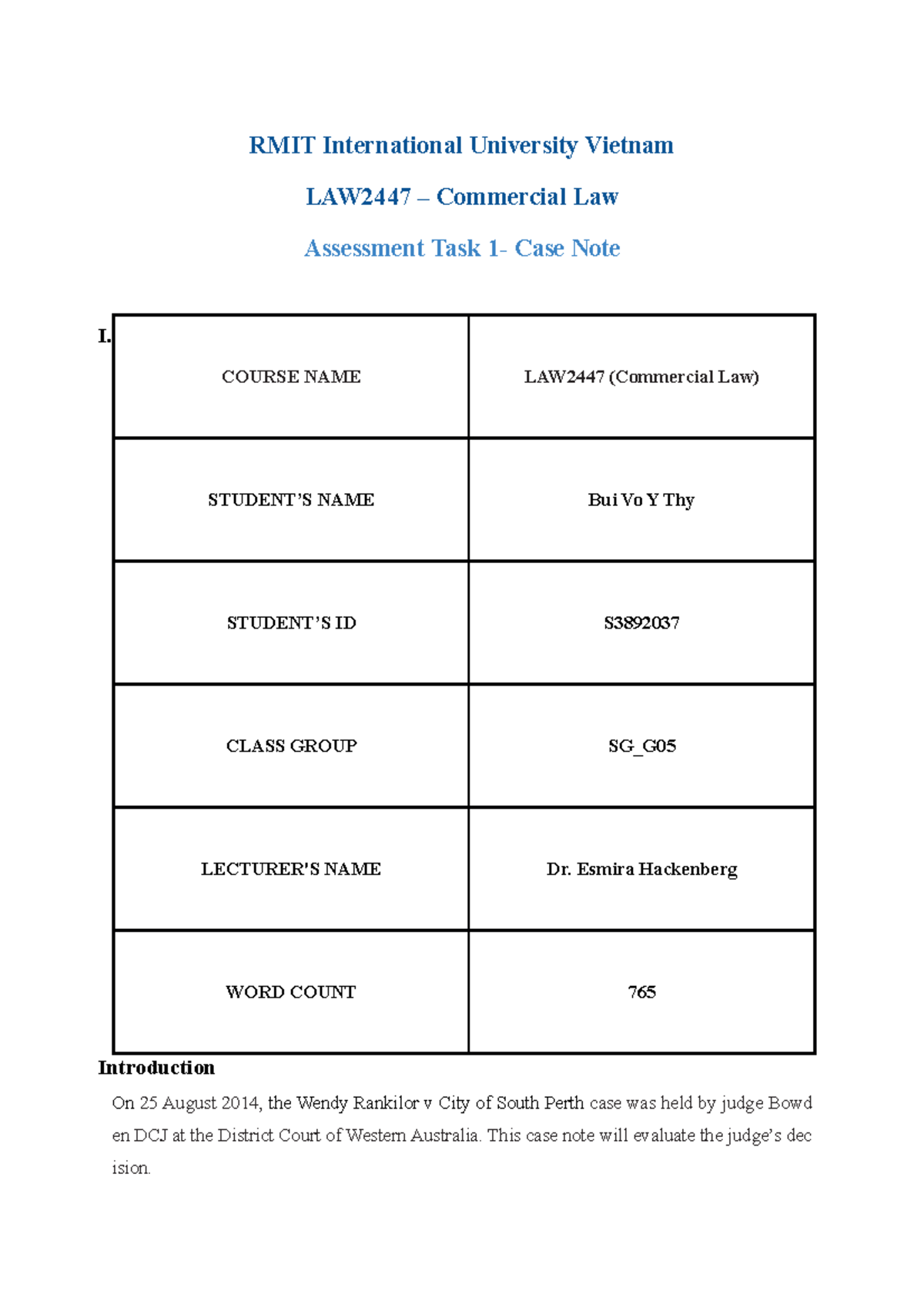 Comlaw asm 1 - 7/10 - RMIT International University Vietnam LAW2447 – Commercial Law Assessment ...