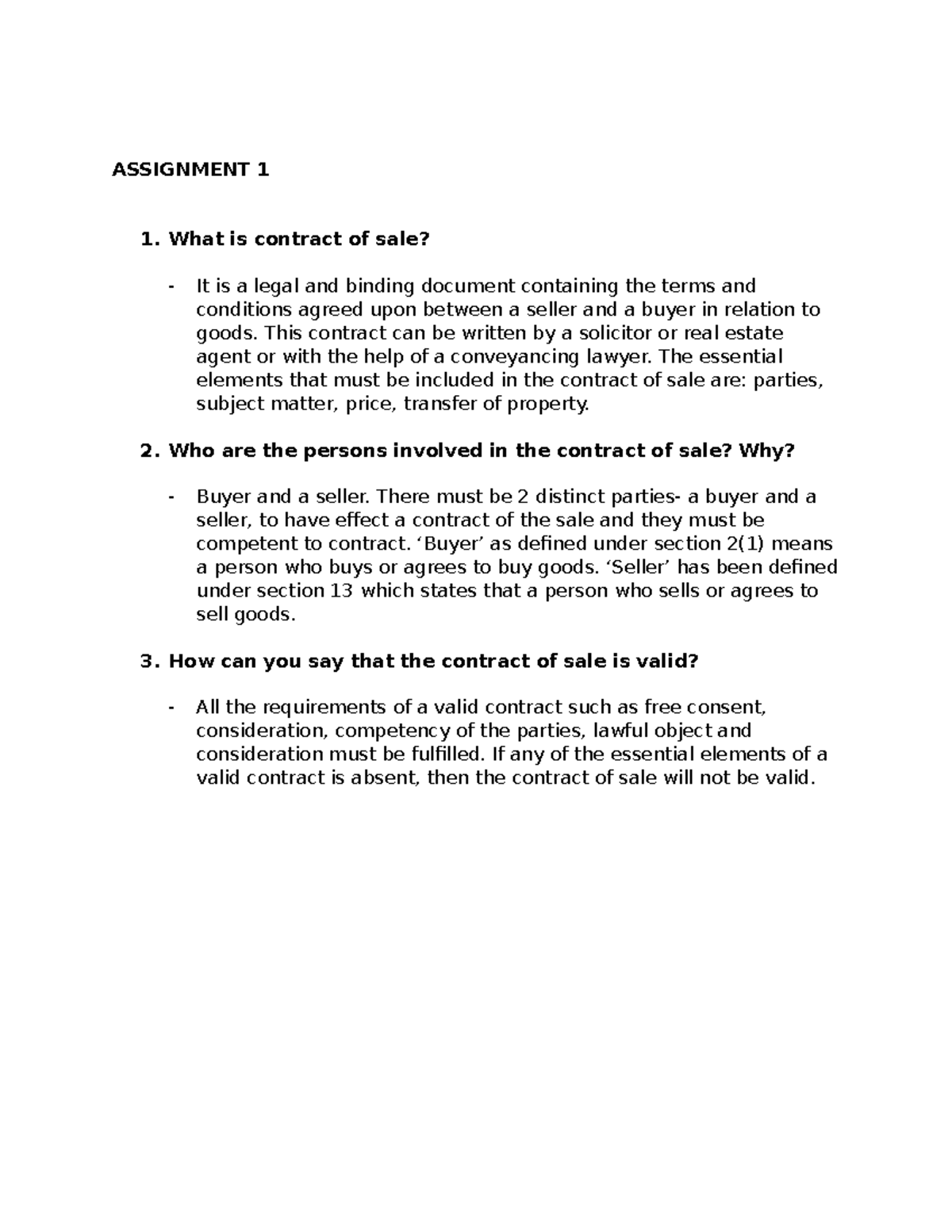 LAW2 assignment 1 - oblicon - ASSIGNMENT 1 What is contract of sale? It ...