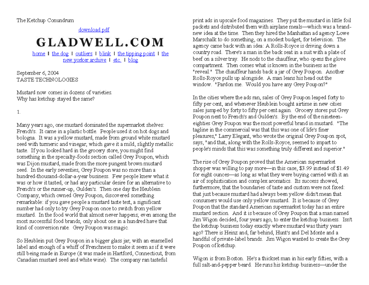 Gladwell The Ketchup Conundrum - The Ketchup Conundrum download pdf ...