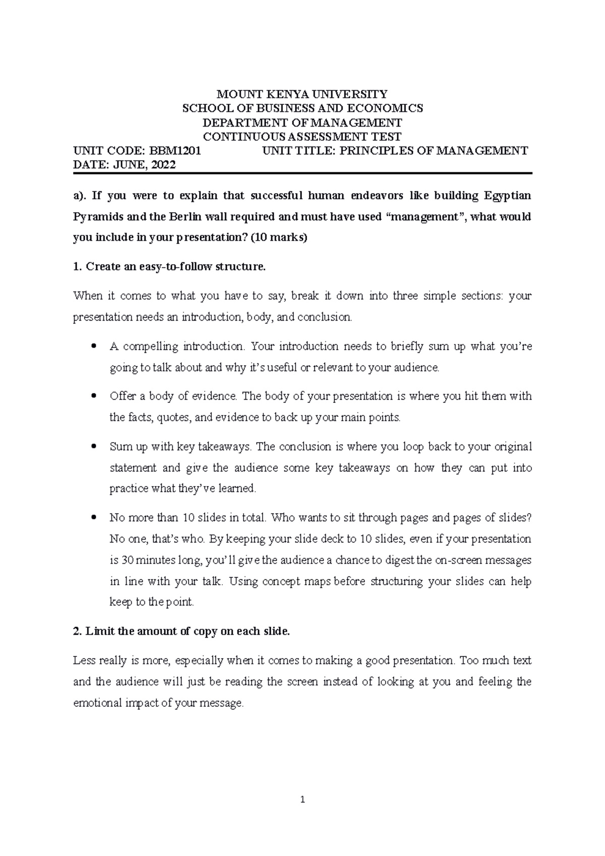 BBM1201 CAT - Assignment on Management principles - MOUNT KENYA ...