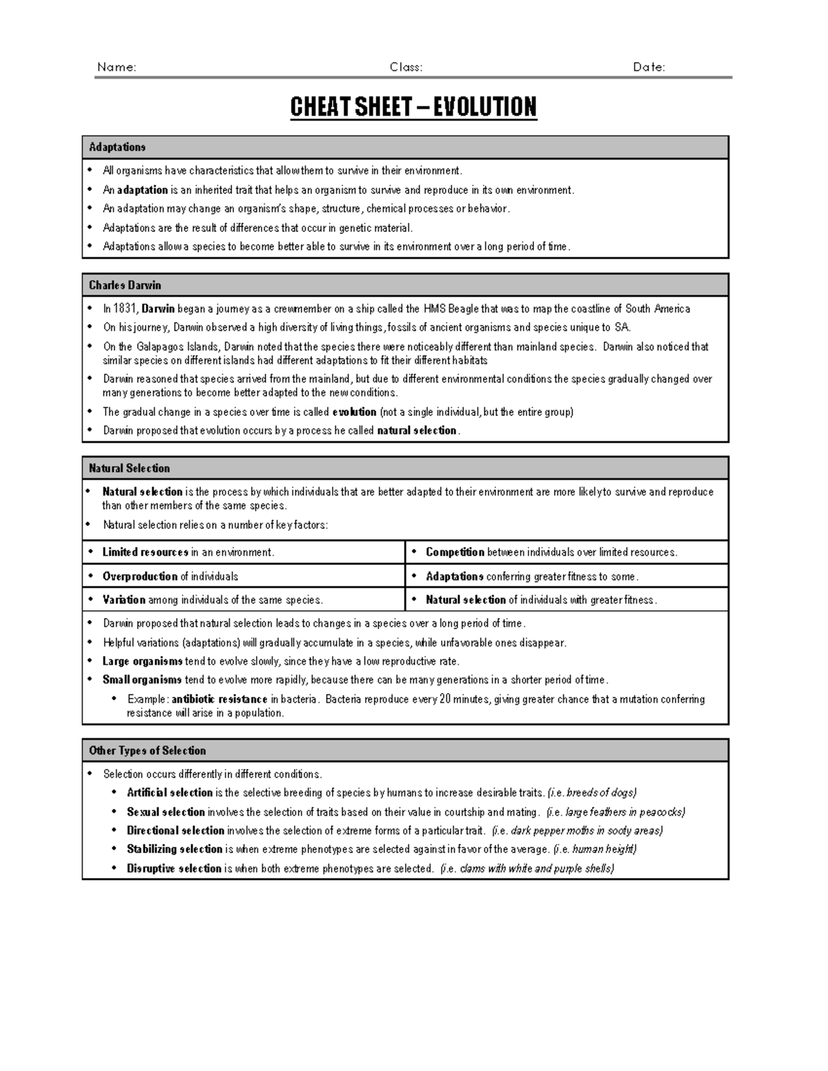 Cheat sheet - evolution pdf - Name: Class: Date: CHEAT SHEET ...