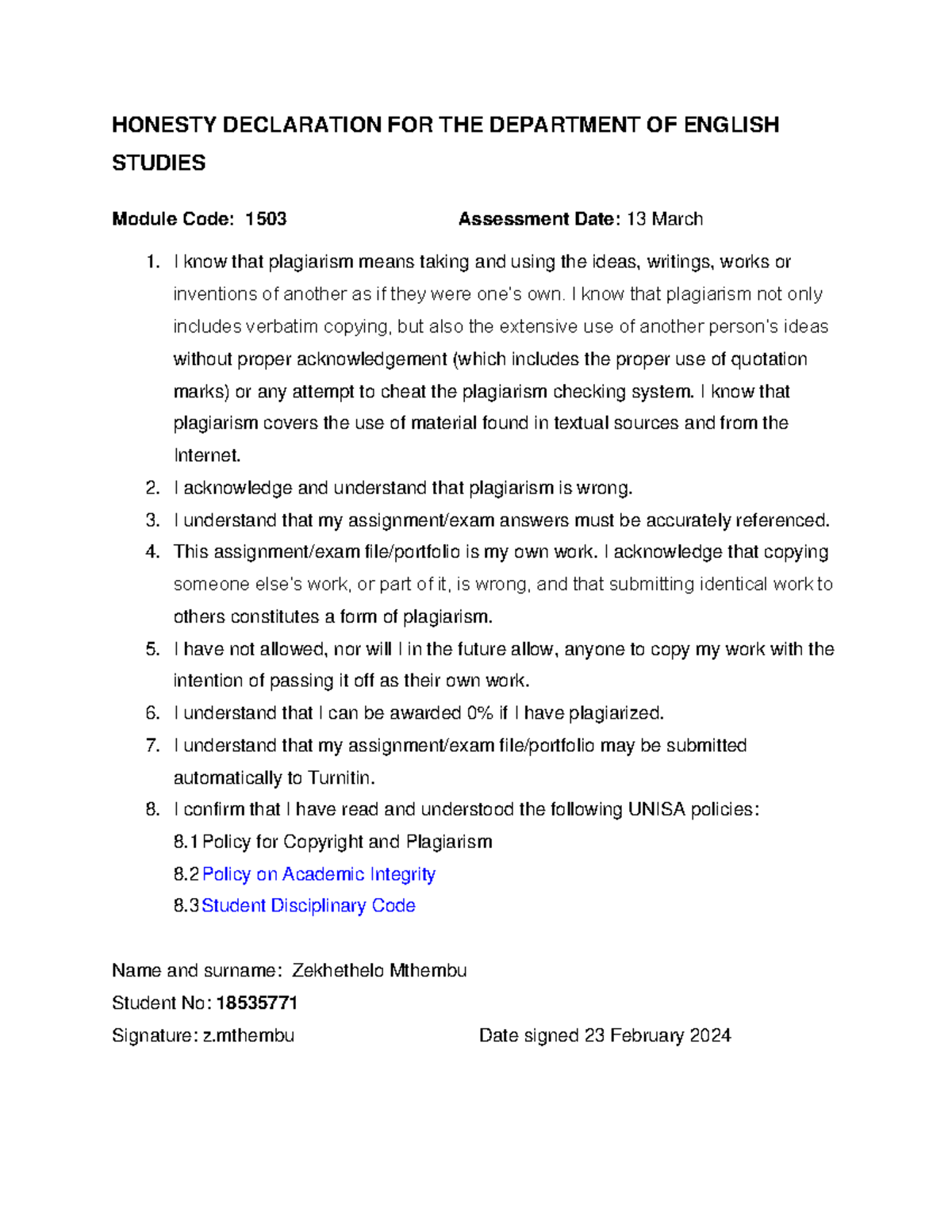 Declaration Form - HONESTY DECLARATION FOR THE DEPARTMENT OF ENGLISH ...