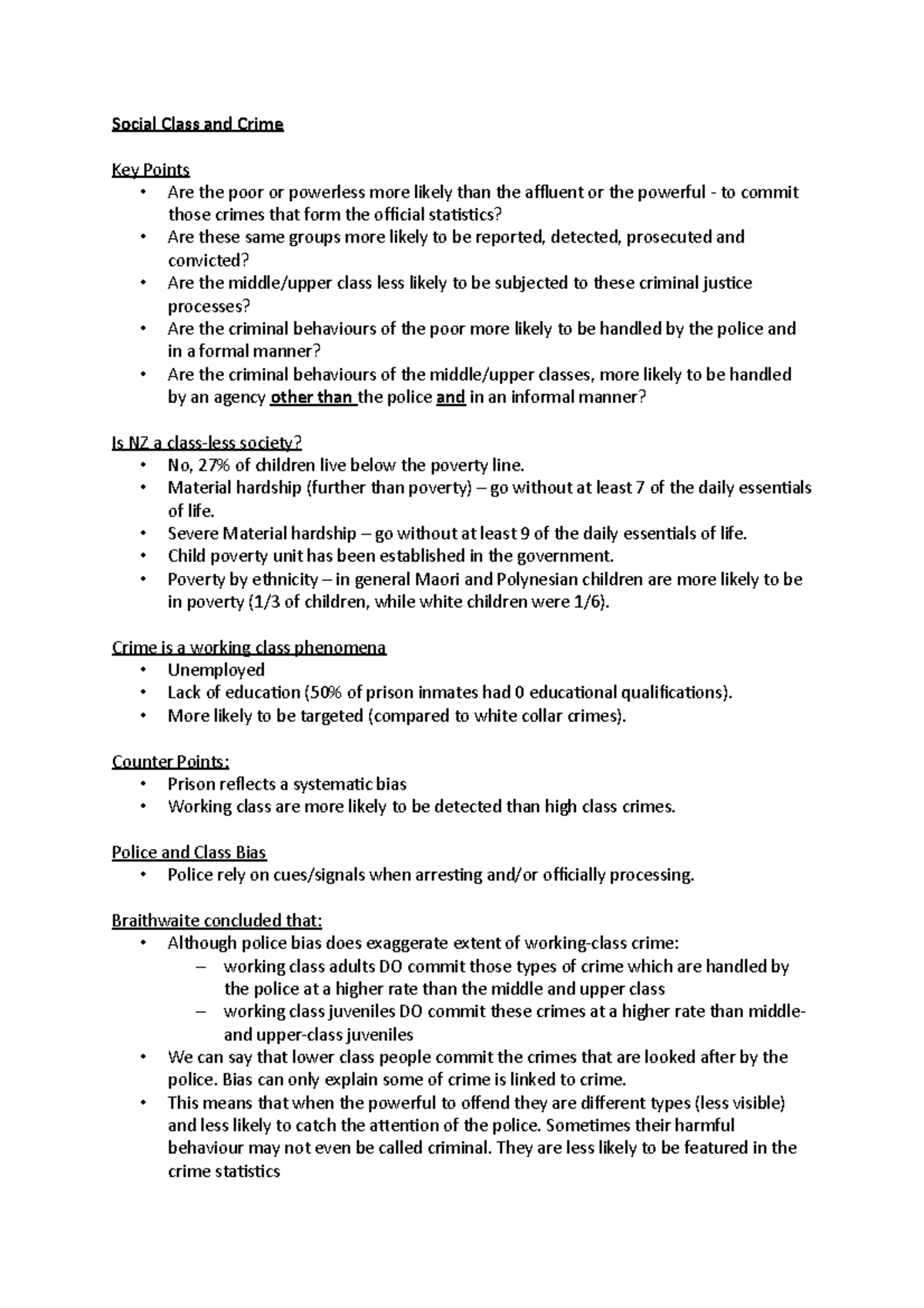 Class and Crime - Lecture notes 15-16 - Social Class and Crime Key ...