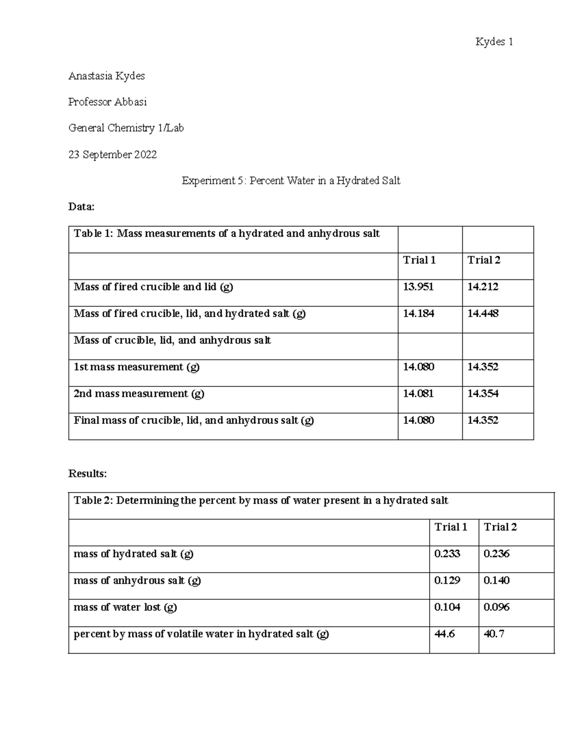 Percent Water in a Hydrated Salt - Anastasia Kydes Professor Abbasi ...