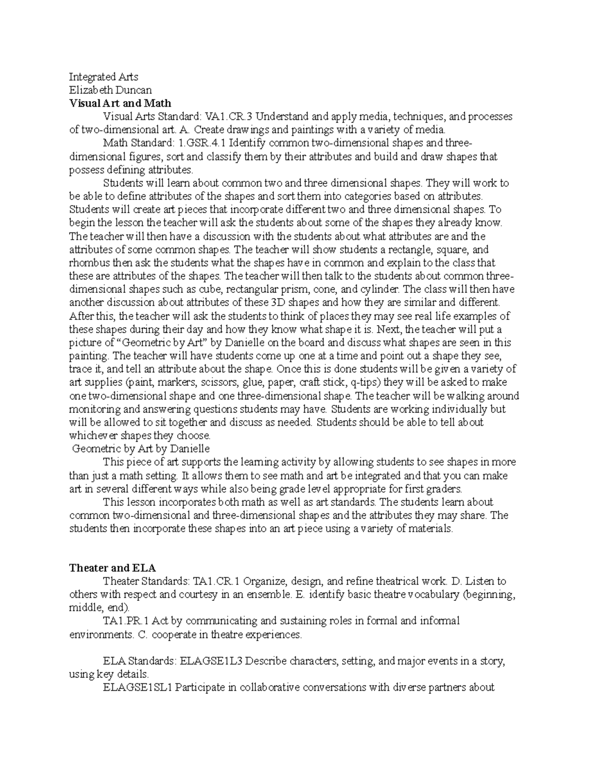 Integrated art - Integrated Arts Elizabeth Duncan Visual Art and Math ...