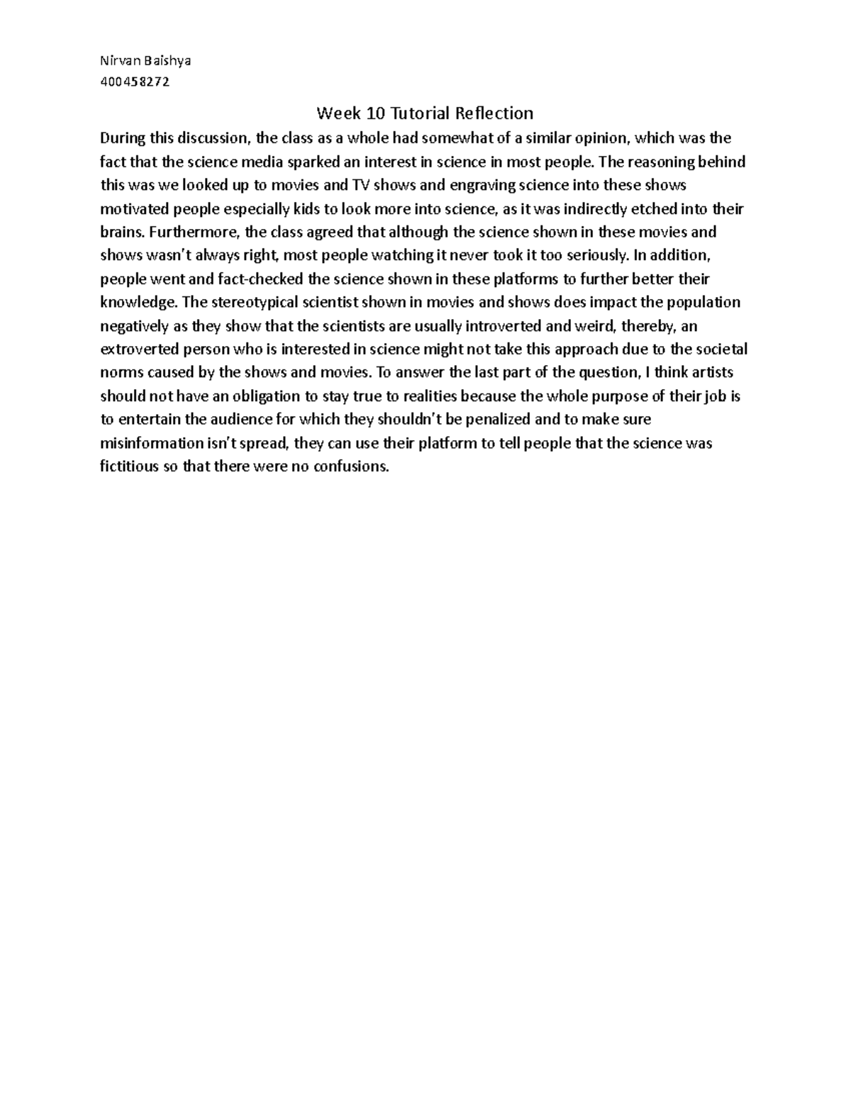 Week 10 Tutorial Reflection - Nirvan Baishya 400458272 Week 10 Tutorial ...
