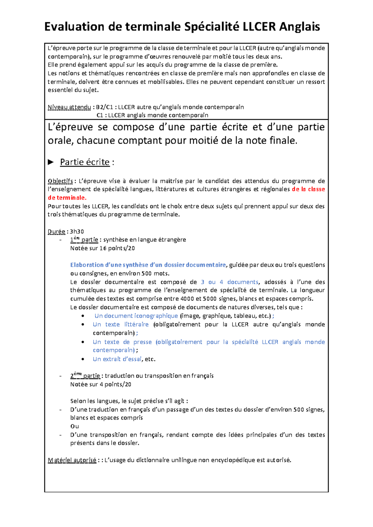 Tableau synoptique de l'évaluation de terminale Spécialité Llcer ...