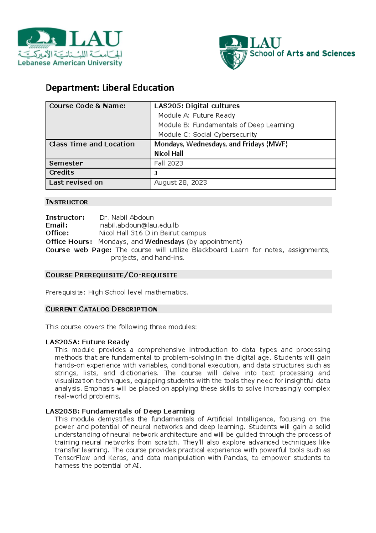 LAS205 Syllabus Fall 2023 - Department: Liberal Education Course Code ...
