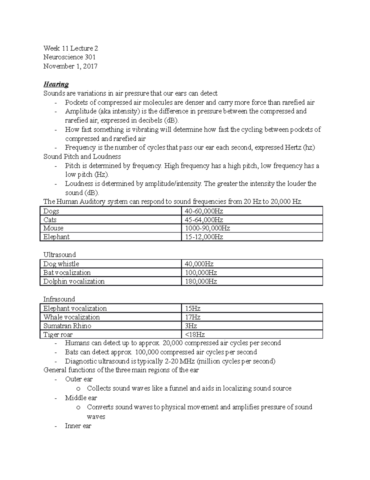 Week 11 Lecture 2 - Week 11 Lecture 2 Neuroscience 301 November 1, 2017 Hearing Sounds are - Studocu