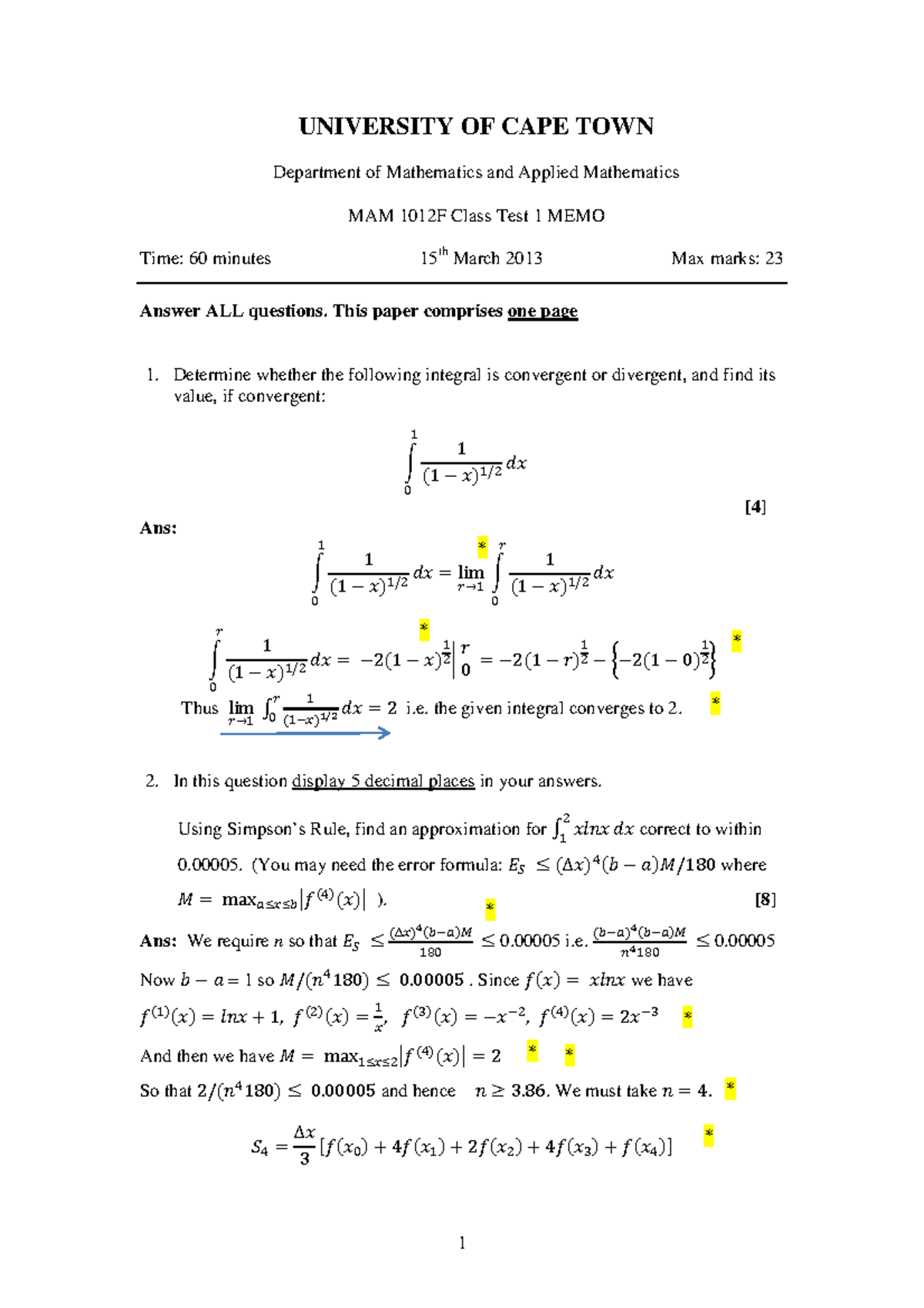 University OF CAPE TOWN 1012F 2013 test 1 MEMO - 1 UNIVERSITY OF CAPE ...