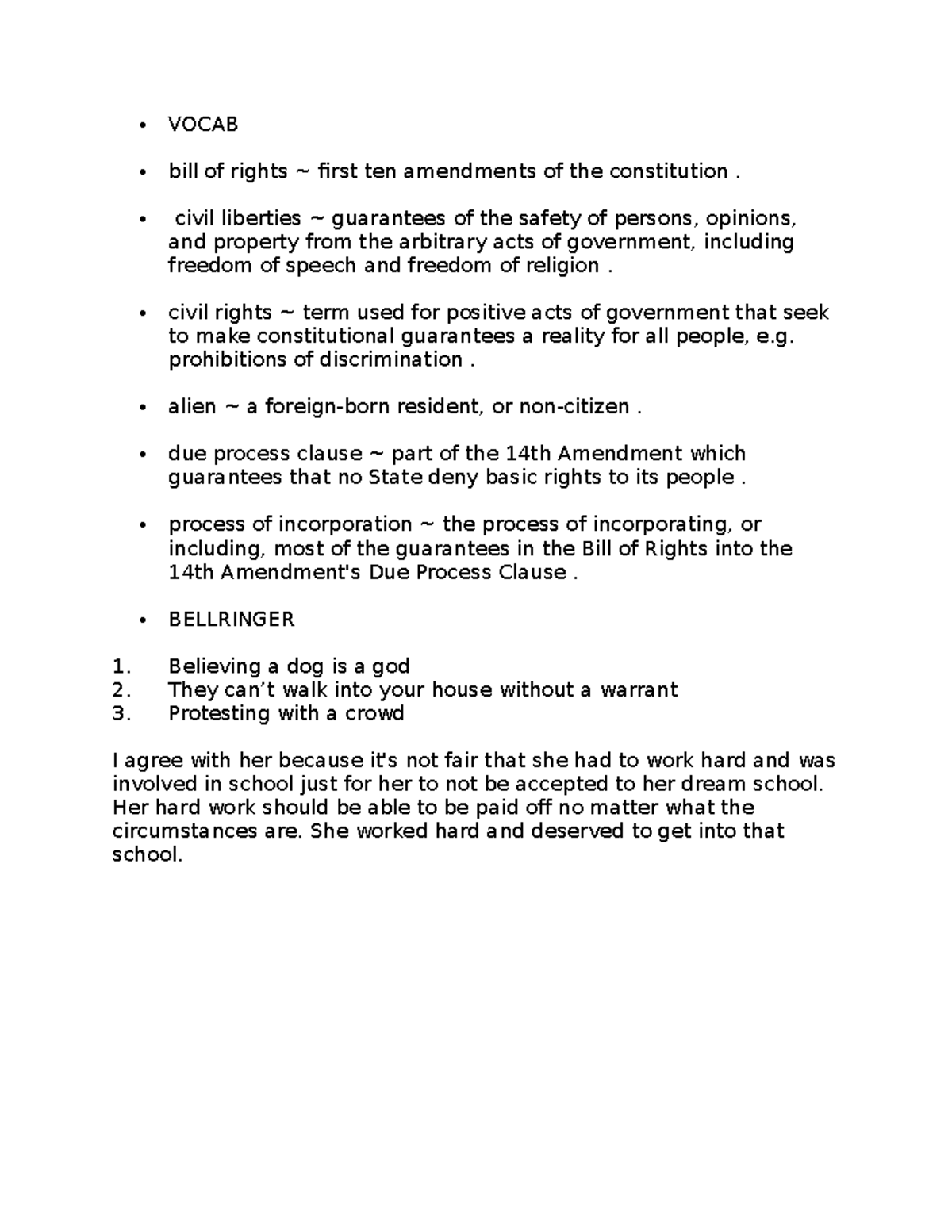 Document - assignment - VOCAB bill of rights ~ first ten amendments of ...