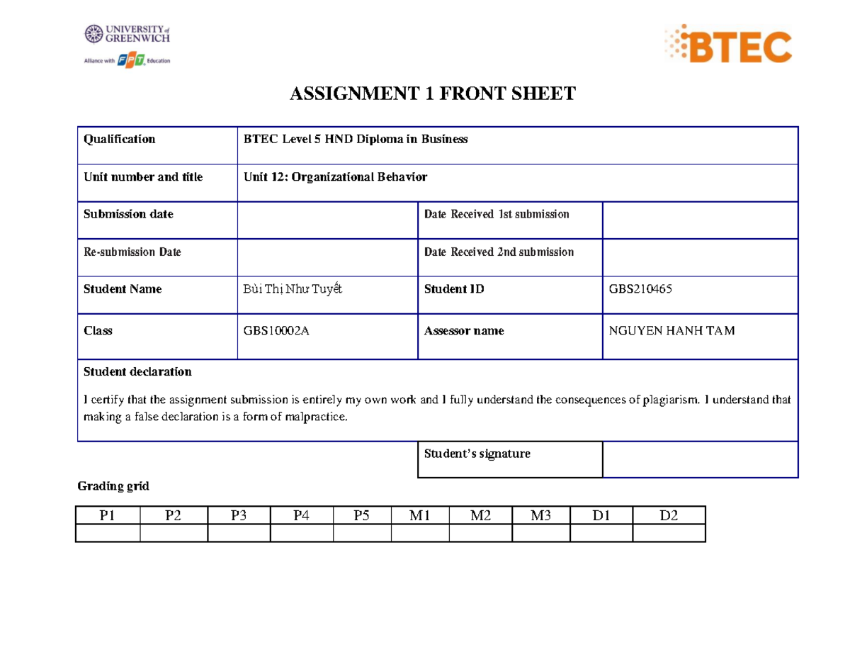 5064 Assignment - 5064 pass - ASSIGNMENT 1 FRONT SHEET Qualification BTEC Level 5 HND Diploma in ...