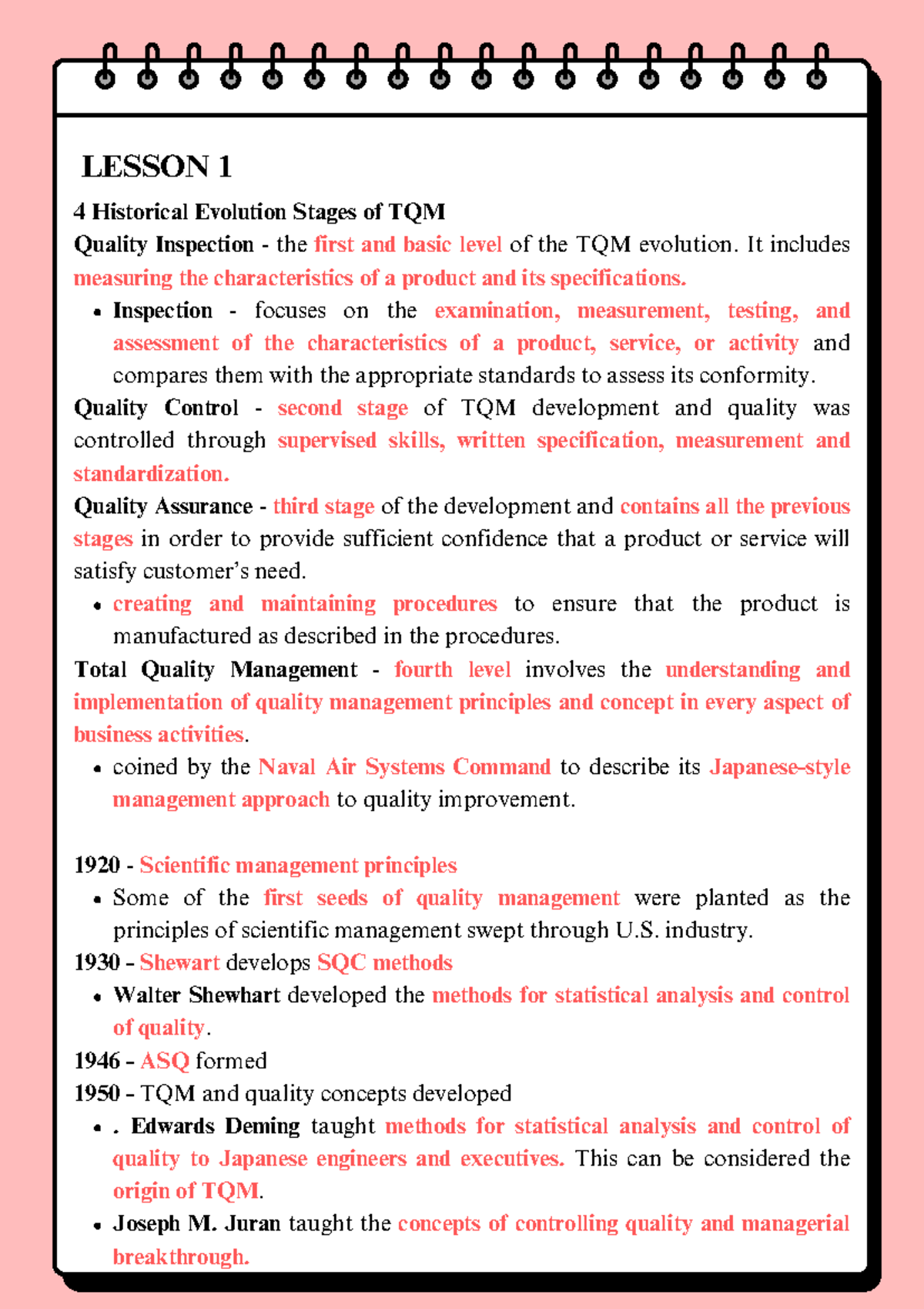 TQM Lesson 1-7 Reviewer - LESSON 1 4 Historical Evolution Stages of TQM ...