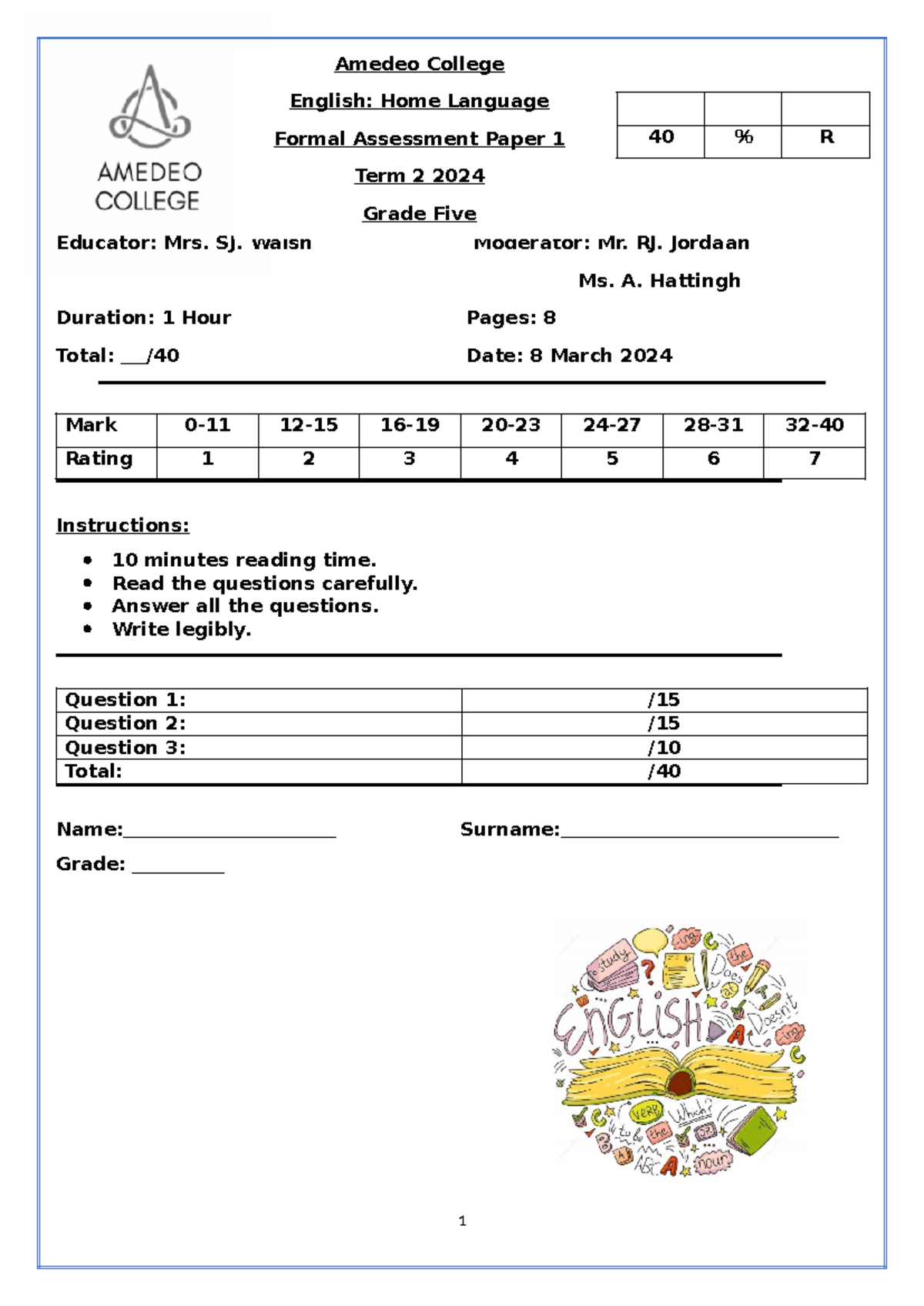 English Term 1 Cycle Test - 40 % R Educator: Mrs. SJ. Walsh Moderator ...
