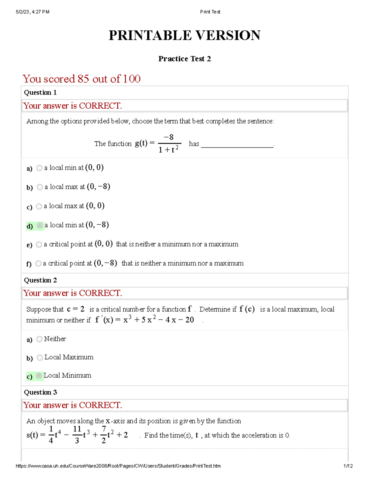Practice Test 2 v2 - PRINTABLE VERSION Practice Test 2 You scored 85 ...