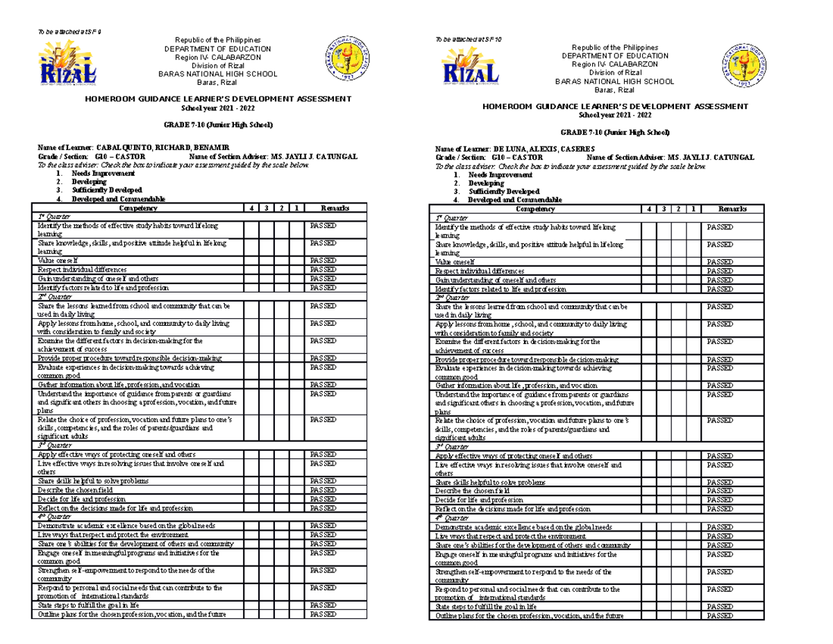 BNHS homeroom guidance assessment form 1 - To be attached at SF 9 ...
