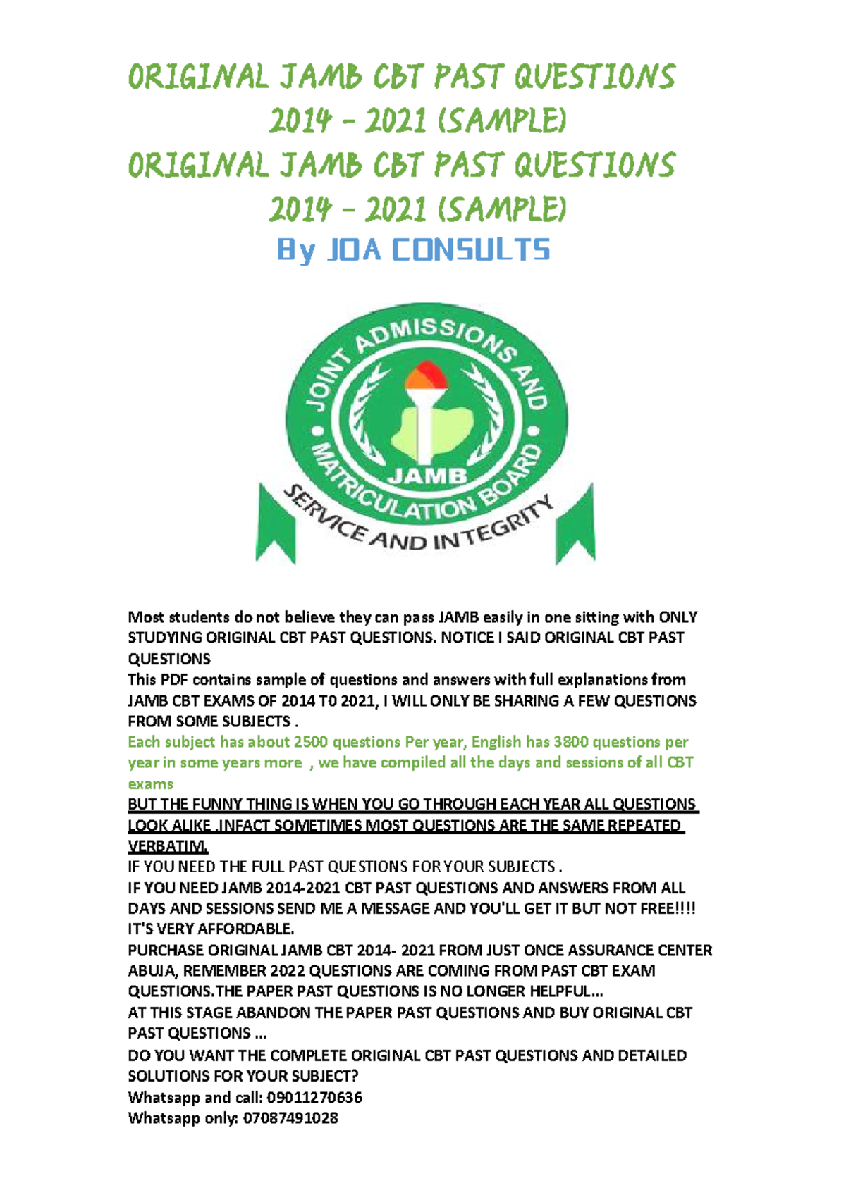 JAMB CBT PAST Question - Gbjjj - 2014 - 2021 (SAMPLE) DO YOU WANT THE ...