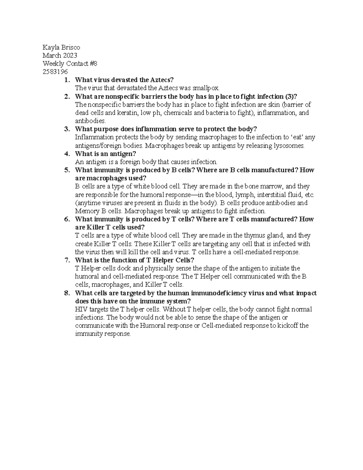 Weekly contact 8 - Kayla Brisco March 2023 Weekly Contact # 2583196 1 ...