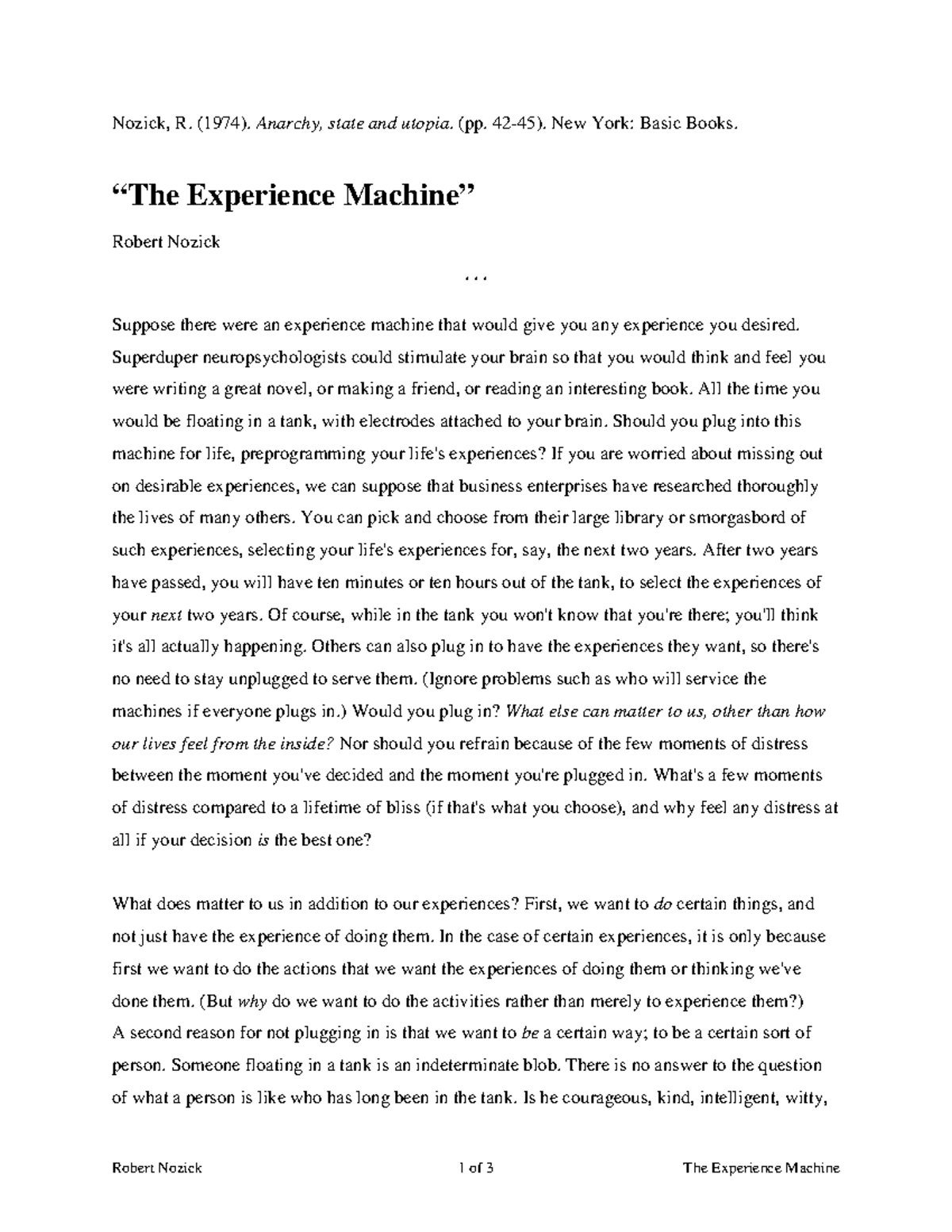Reading - The Experience Machine by Robert Nozick - zyxw zyxwvutsrq ...