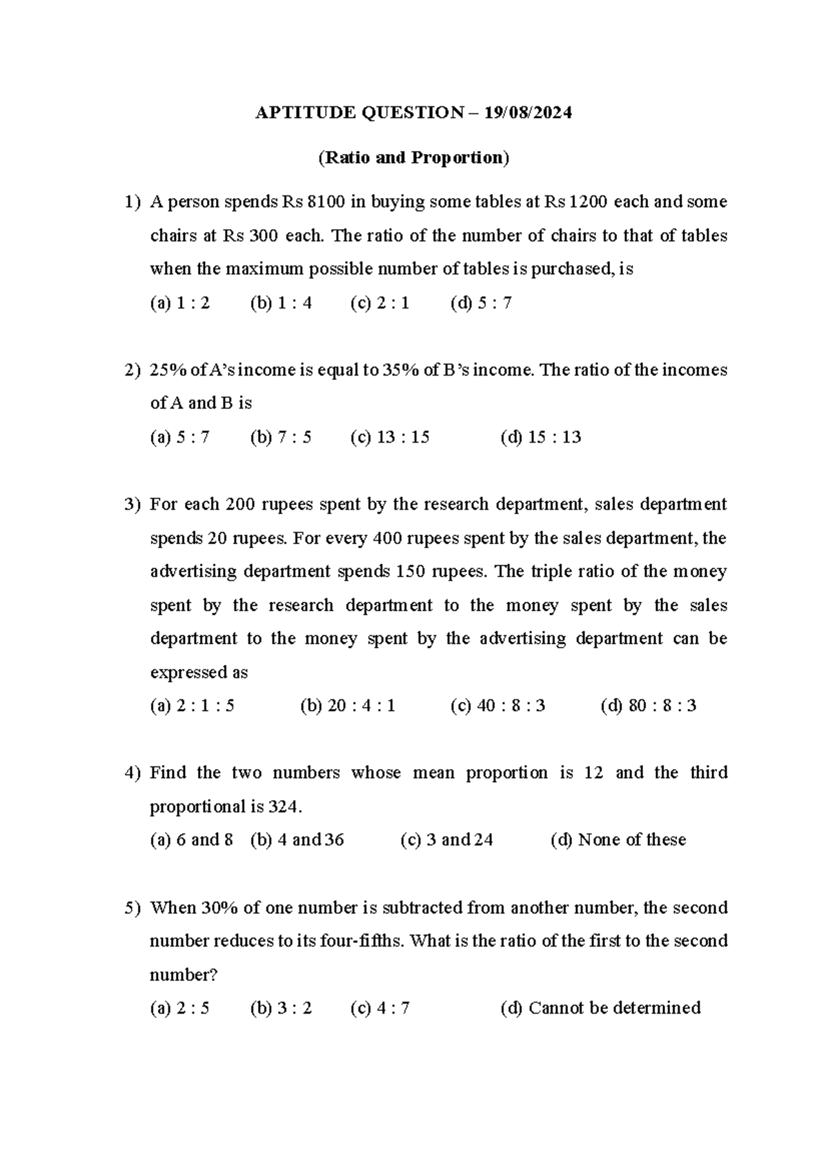 Aptitude Question – 19-08-2024 -Ratio and Proportion - APTITUDE ...