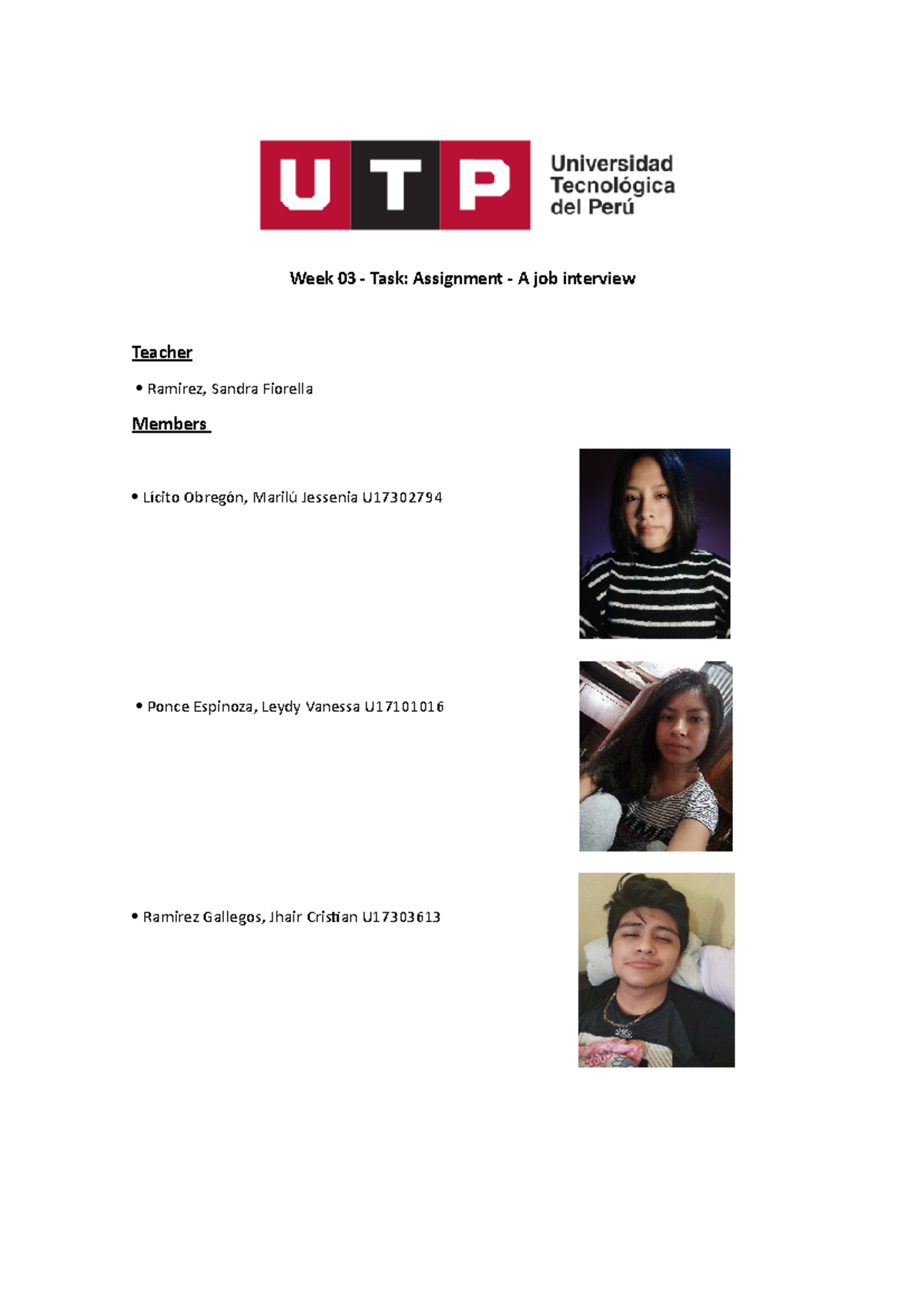 TASK 3 - task 3 - Week 03 - Task: Assignment - A job interview Teacher Ramirez, Sandra Fiorella ...