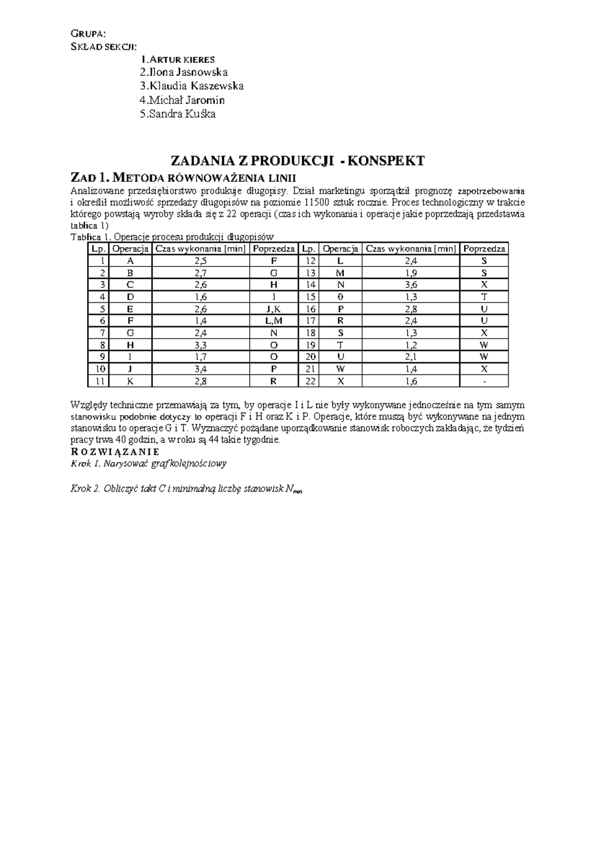 Konspekt- bilans linii.pdf Zadanie — kopia - GGRRUUPPAA:: SSKKŁŁAADD SSEEKKCCJJII:: 11 . - Studocu