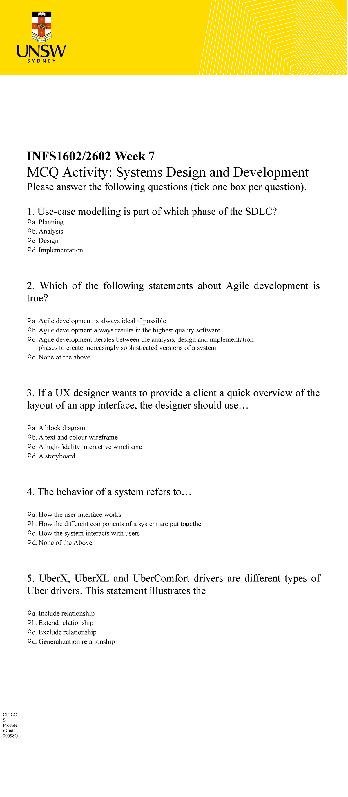 INFS1602-2602 Week7 MCQ - INFS1602/2602 Week 7 MCQ Activity: Systems ...
