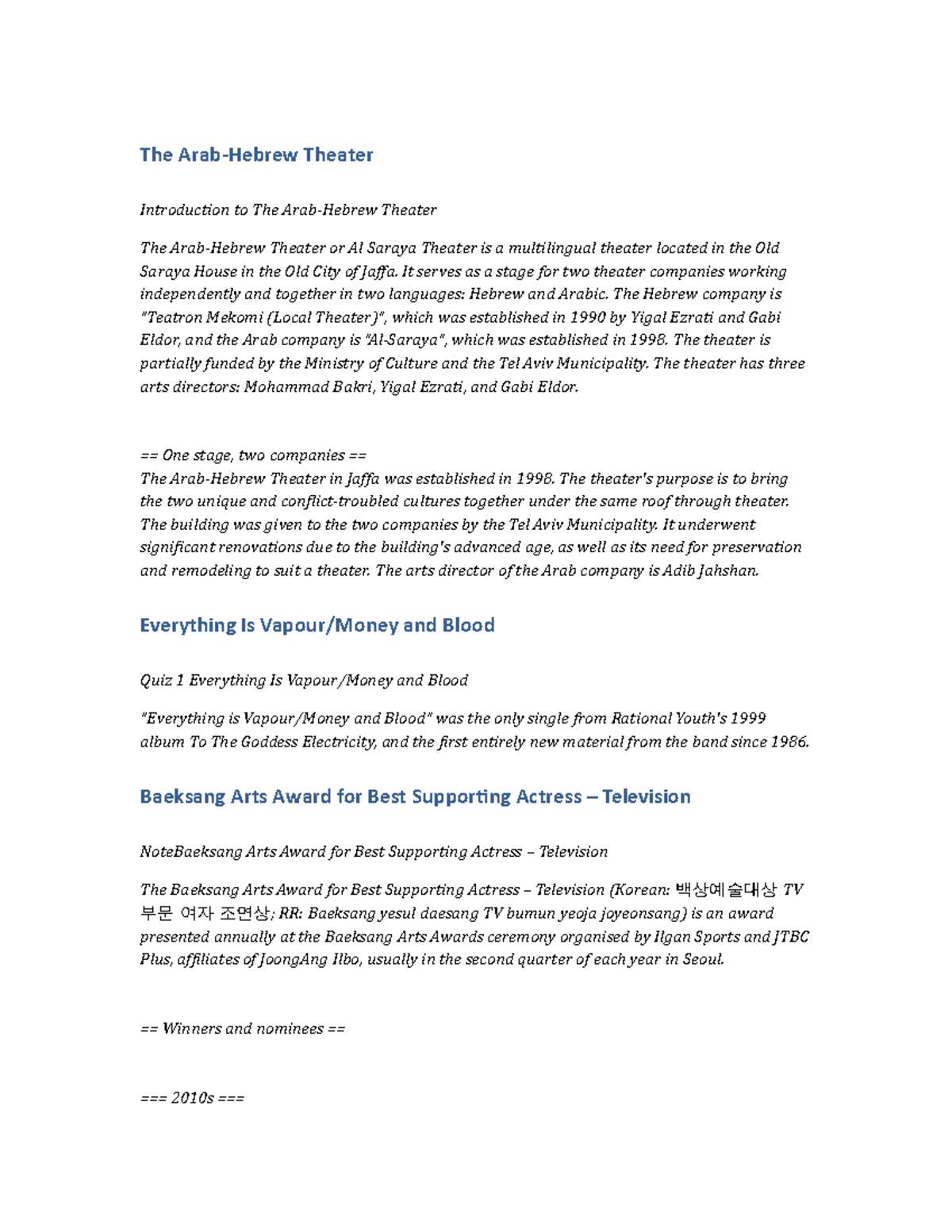 PSY167 Notes The Arab-Hebrew Theater - The Arab-Hebrew Theater ...