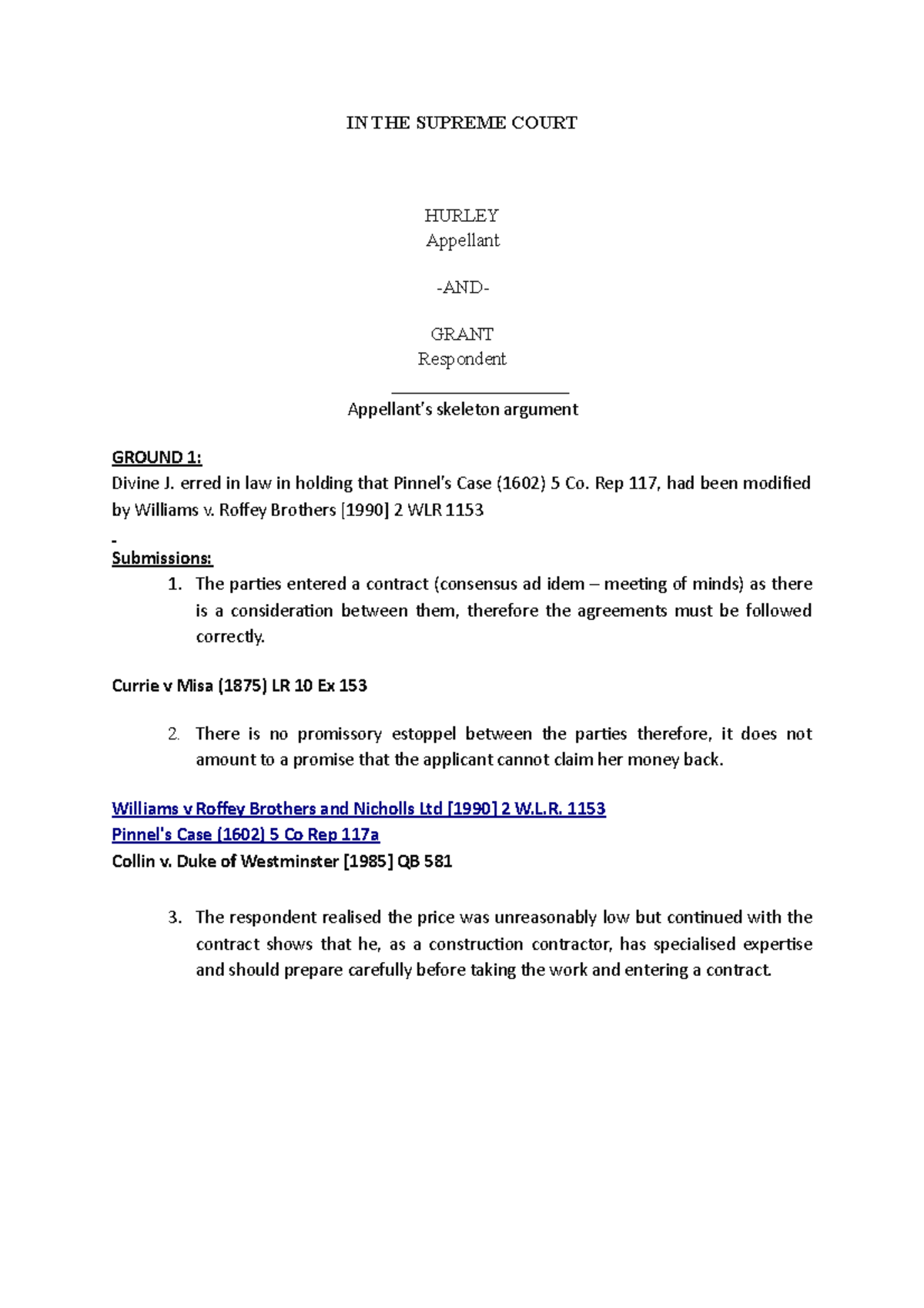 Moot Skeleton Argument Example 2 IN THE SUPREME COURT HURLEY