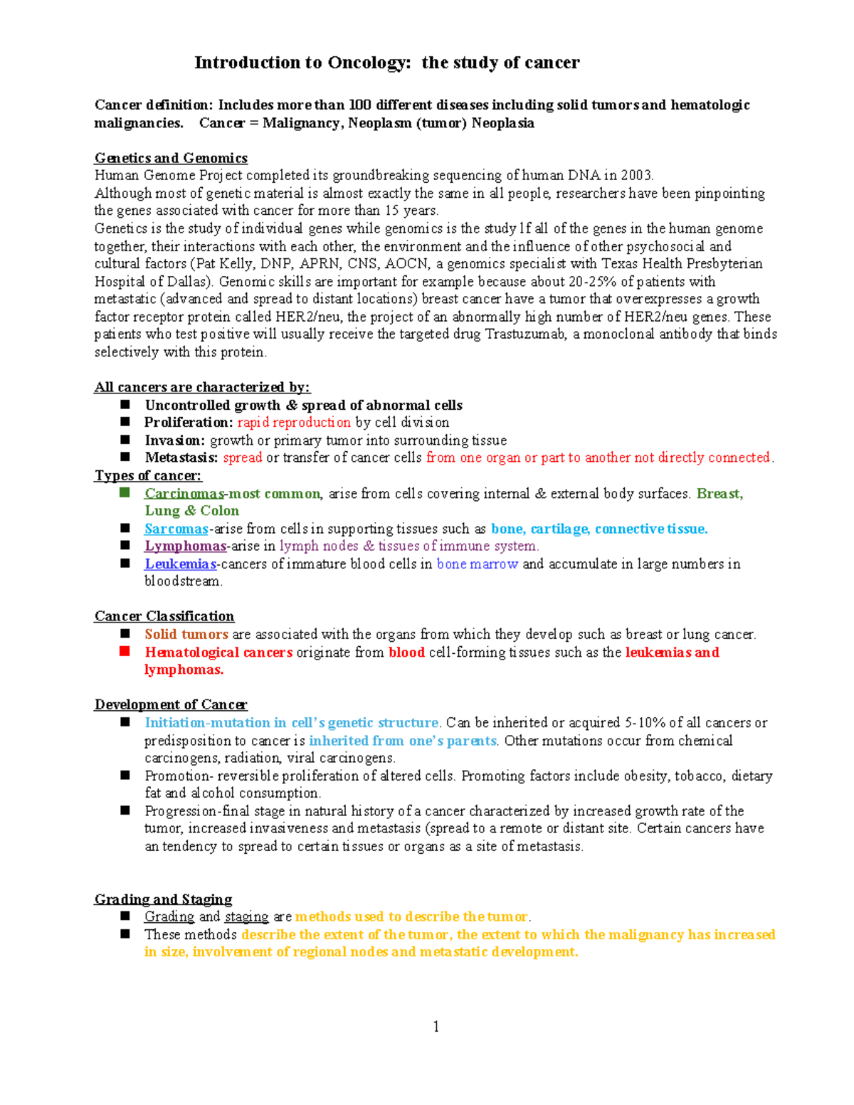 Introduction to Oncology student handout-1 Med Surg II Exam 4 ...