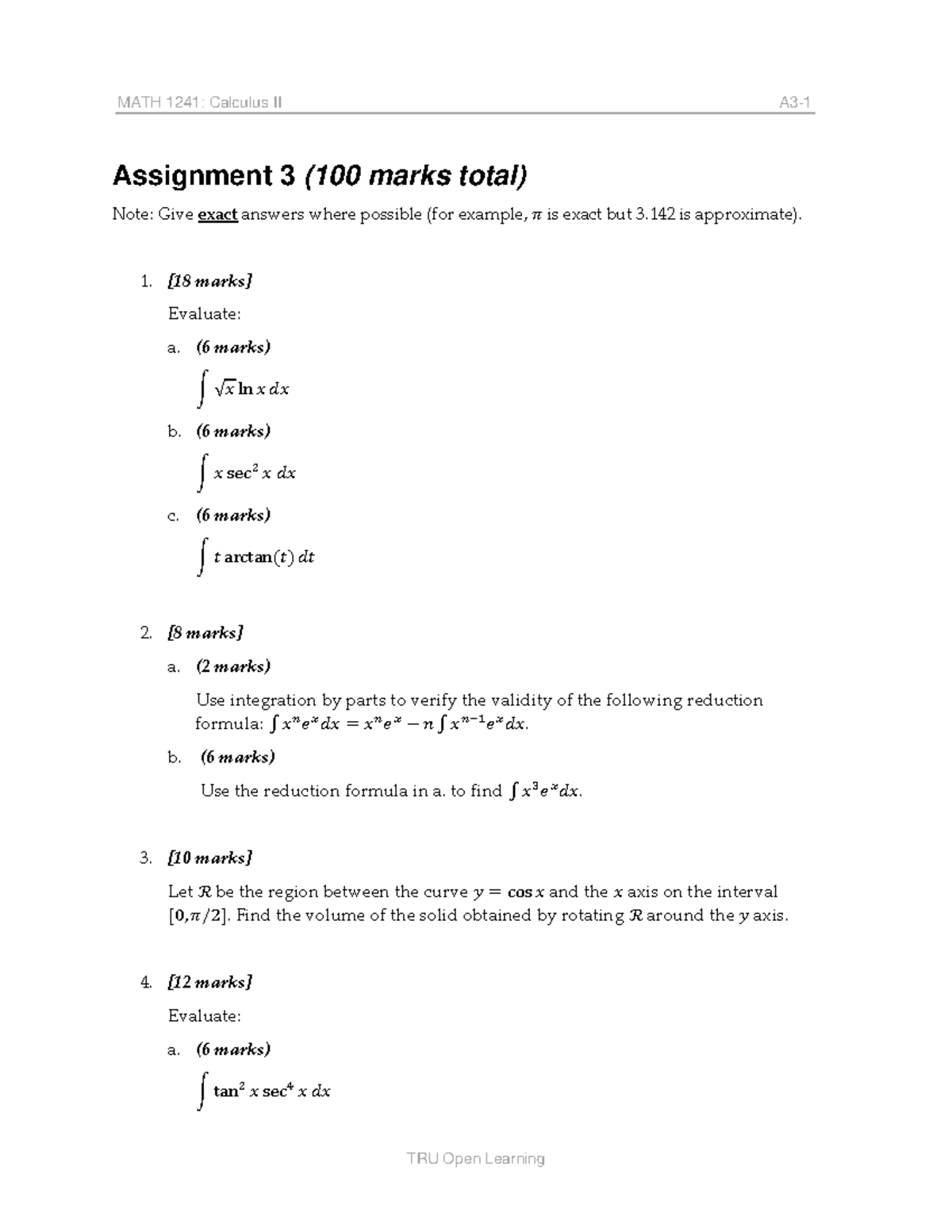 MATH1241Assignment 3 - assignment for tru summer course - MATH 1241 ...