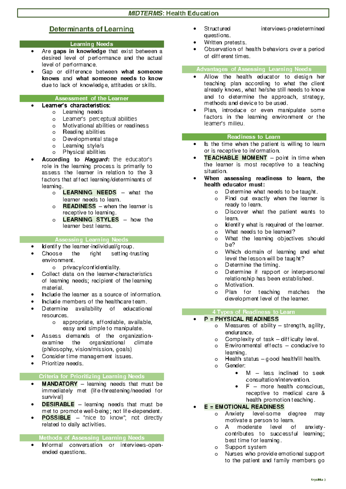 Midterms - MIDTERMS: Health Education Determinants of Learning Learning ...