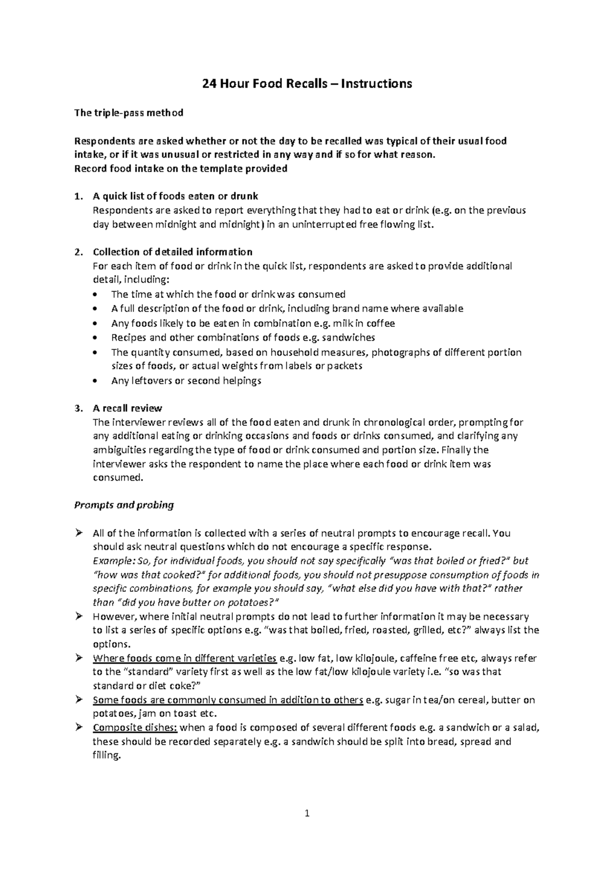 24 Hour Food Recalls Instructions - PDF-1 - 24 Hour Food Recalls ...